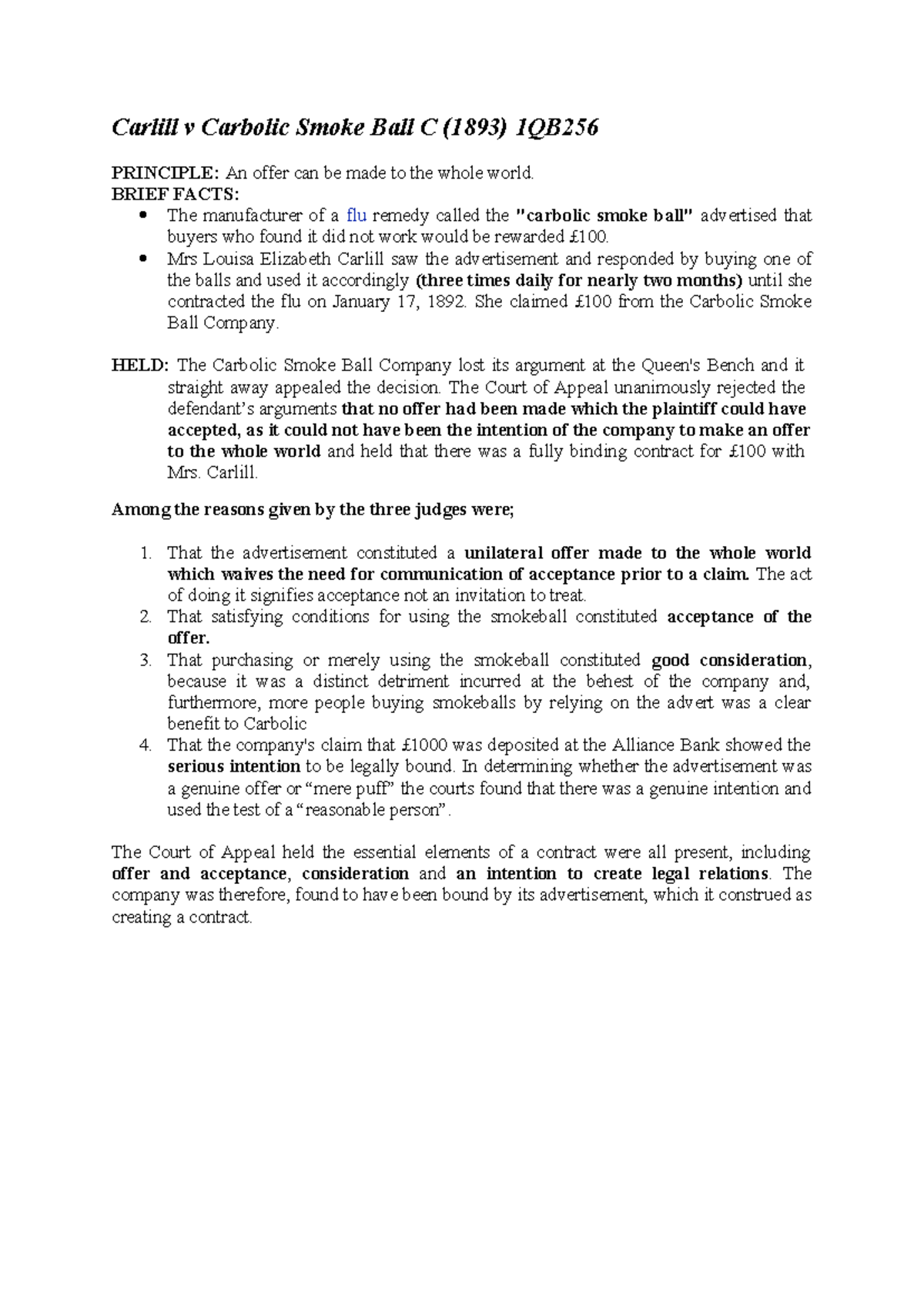 Case Summary: Carlill v. Carbolic Smoke Ball Co. [1893] in Law of ...