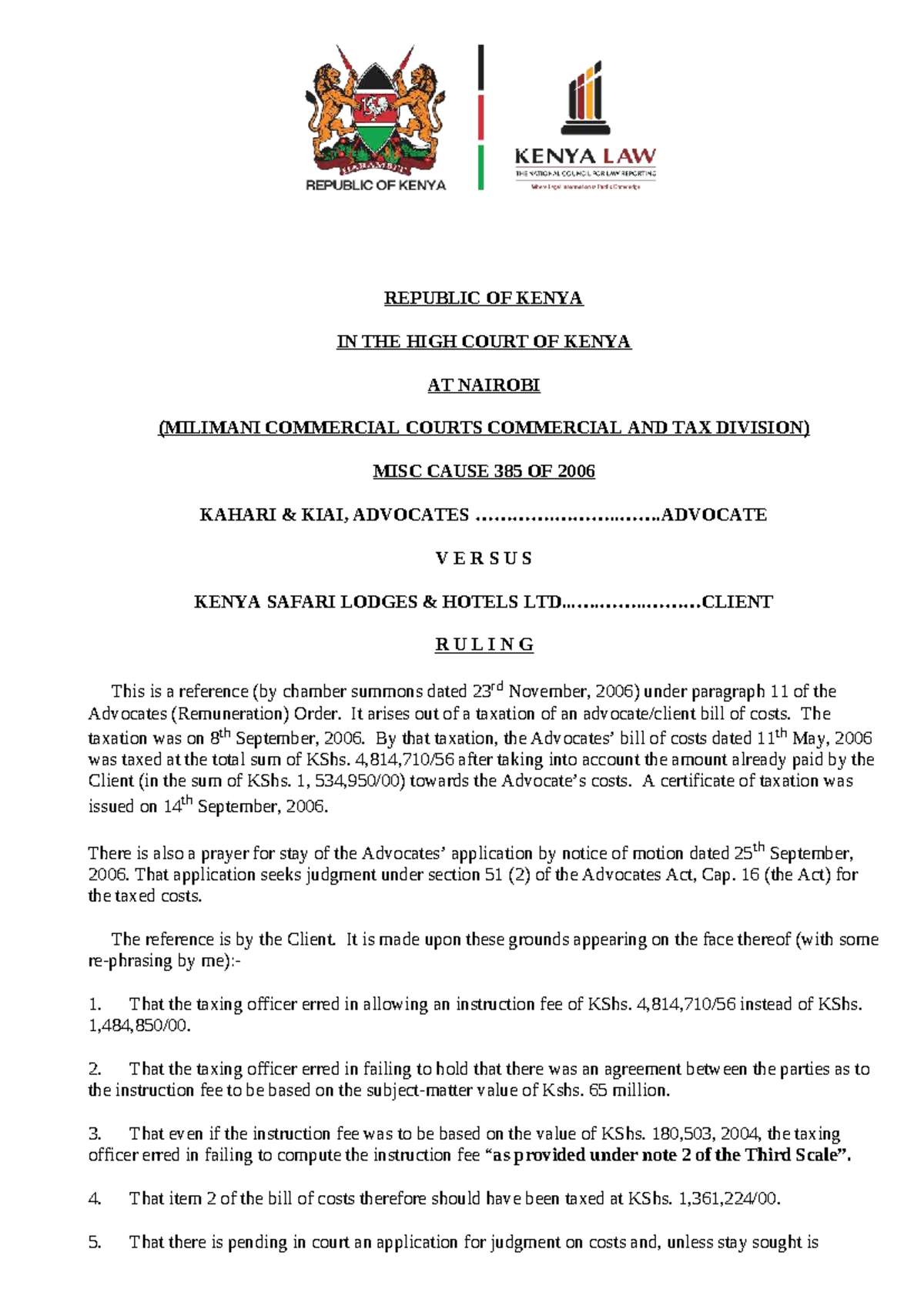 Kahari KIAI Advocates v Kenya Safari Lodges Hotels: Ruling on Taxation ...