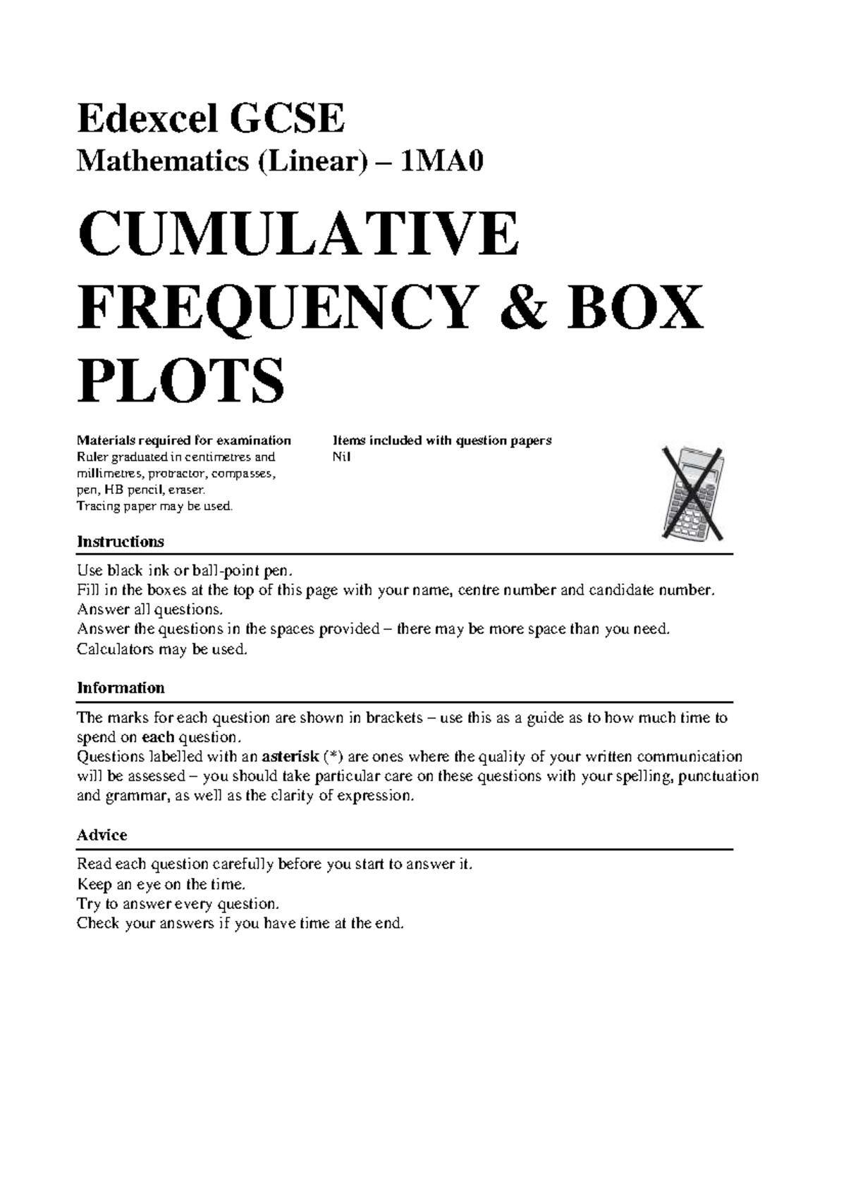 Edexcel GCSE Maths 1MA0 Cumulative Frequency & Box Plots Guide - Studocu