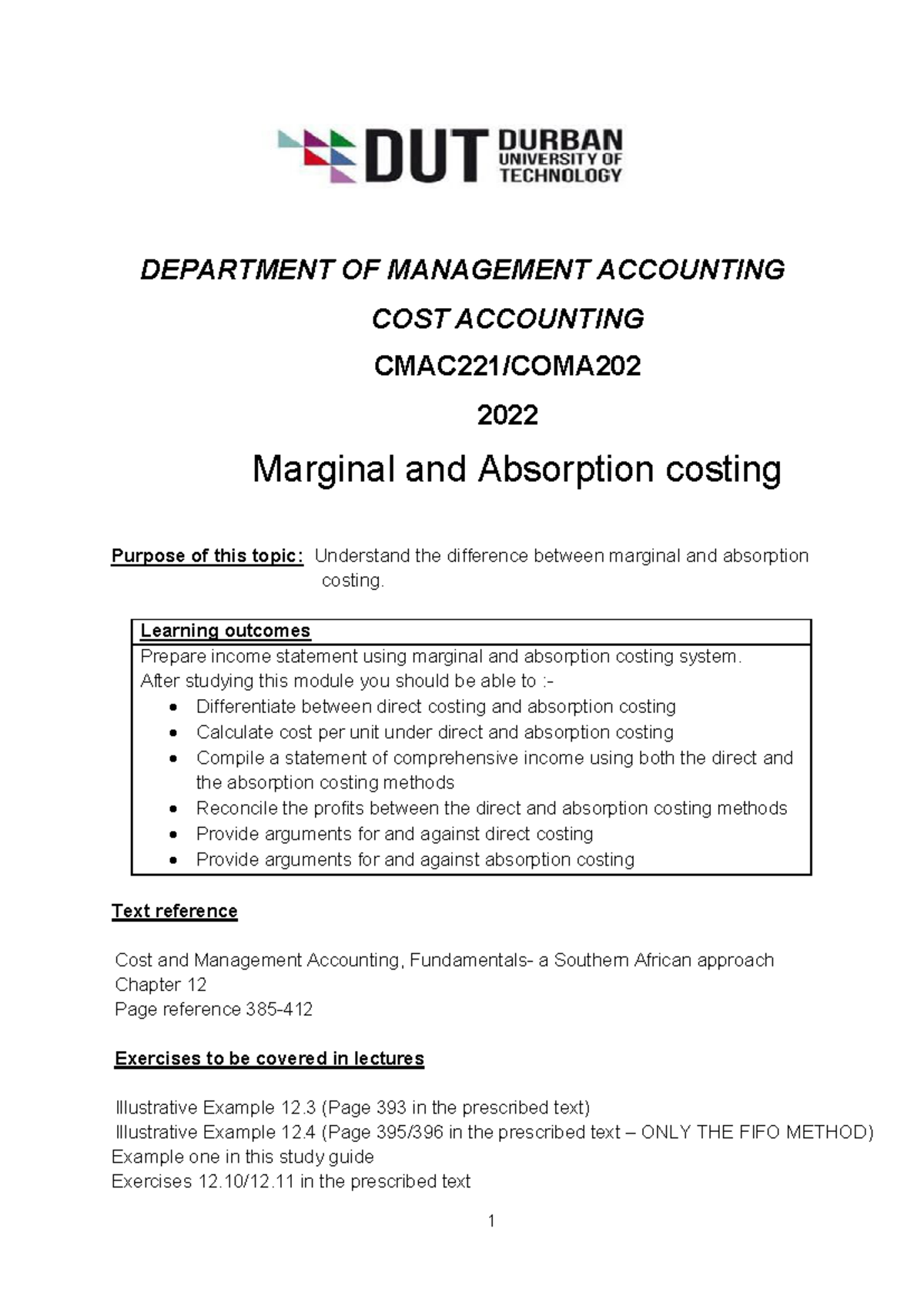 Marginal and Absorption Costing Guide - CMAC221/COMA 2022 - Studocu