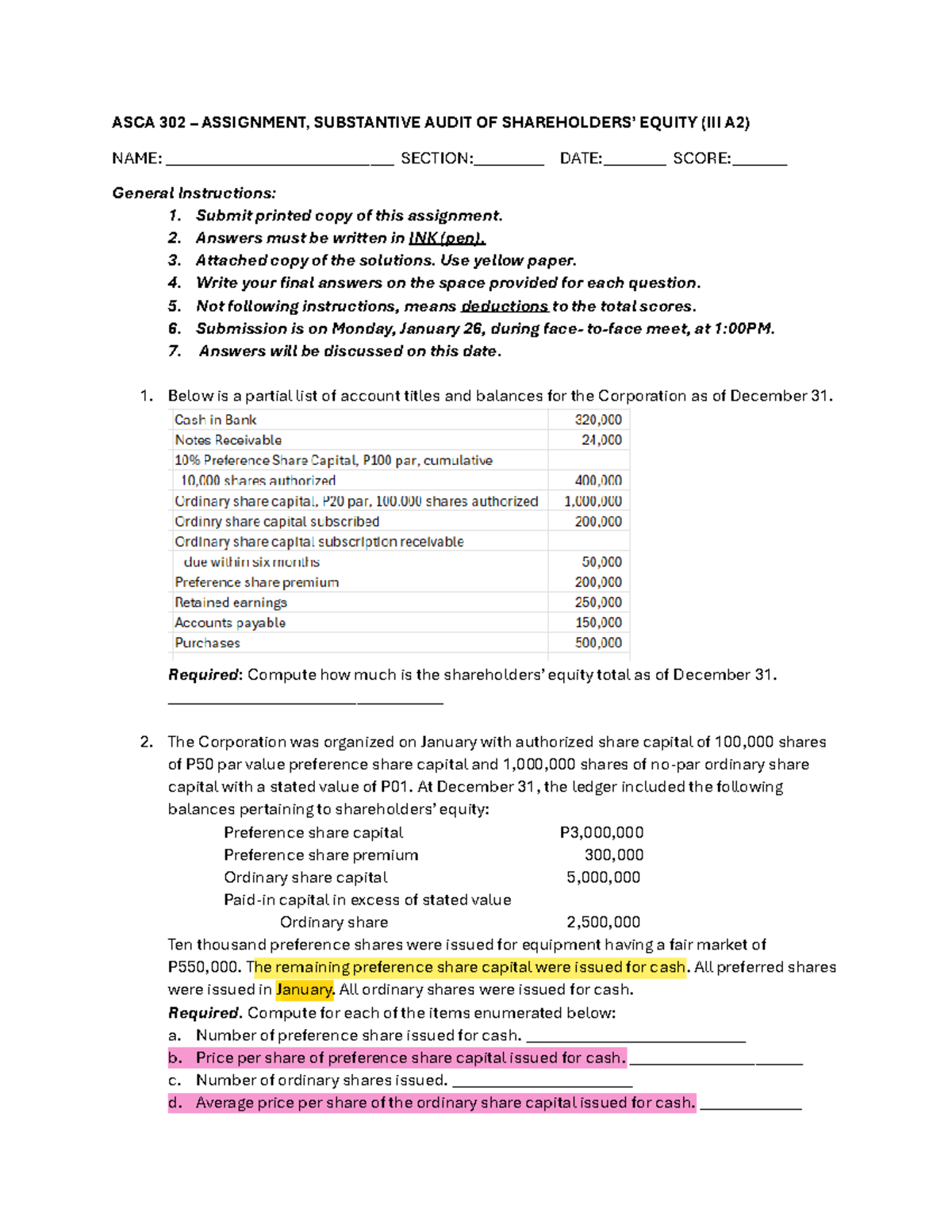 A2ASCA302, Assignment A2: Substantive Audit of Equity Problems - Studocu
