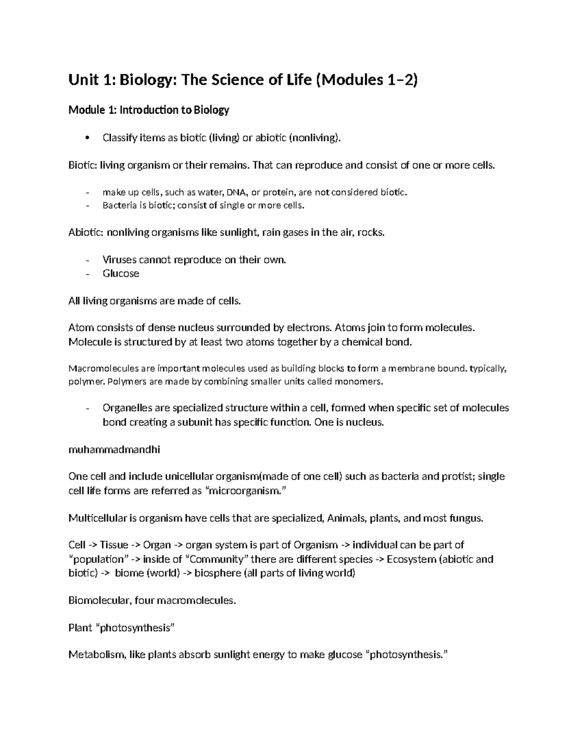 Biology 101 Study Guide: Exam Prep for Unit 1 (Modules 1-2) - Studocu