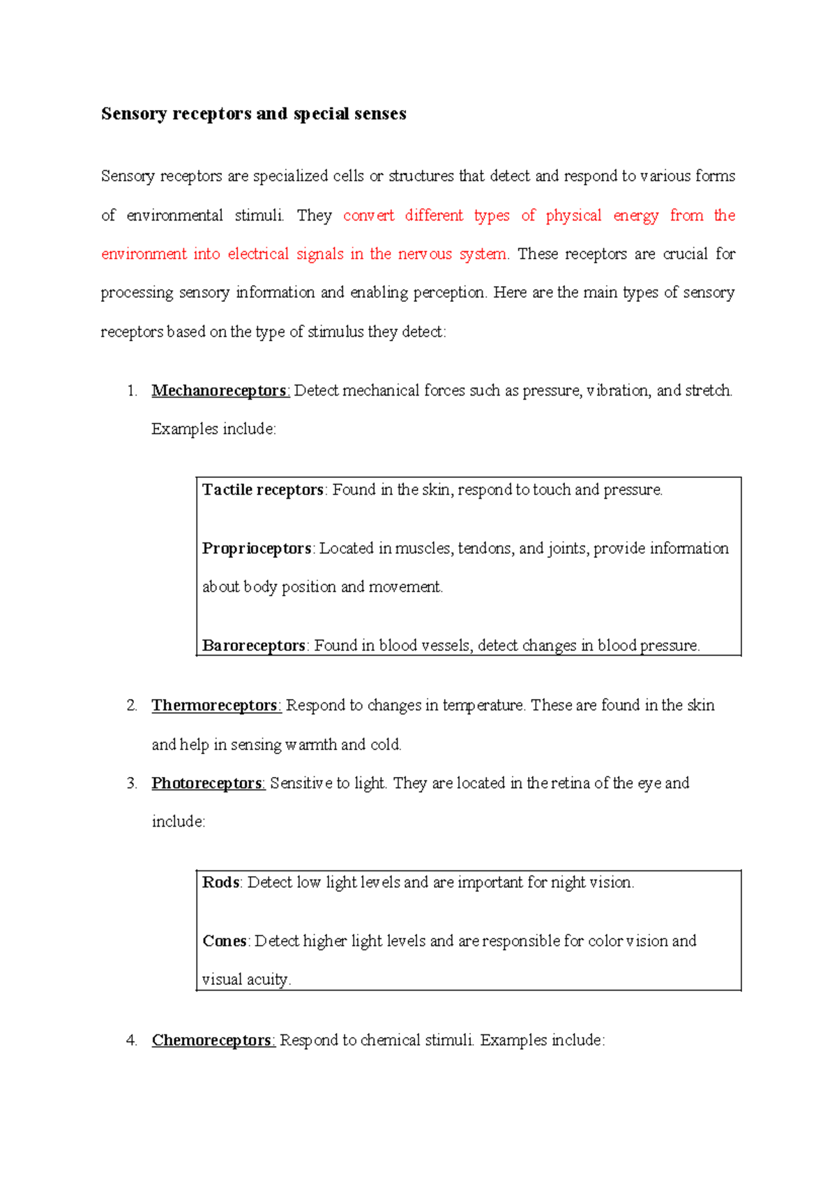Notes 3 1H2: Understanding Sensory Receptors and Special Senses - Studocu