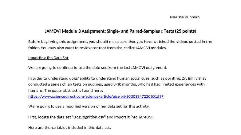 Jamovi Module 3 Assignment: t Tests Analysis (25 pts) - Studocu