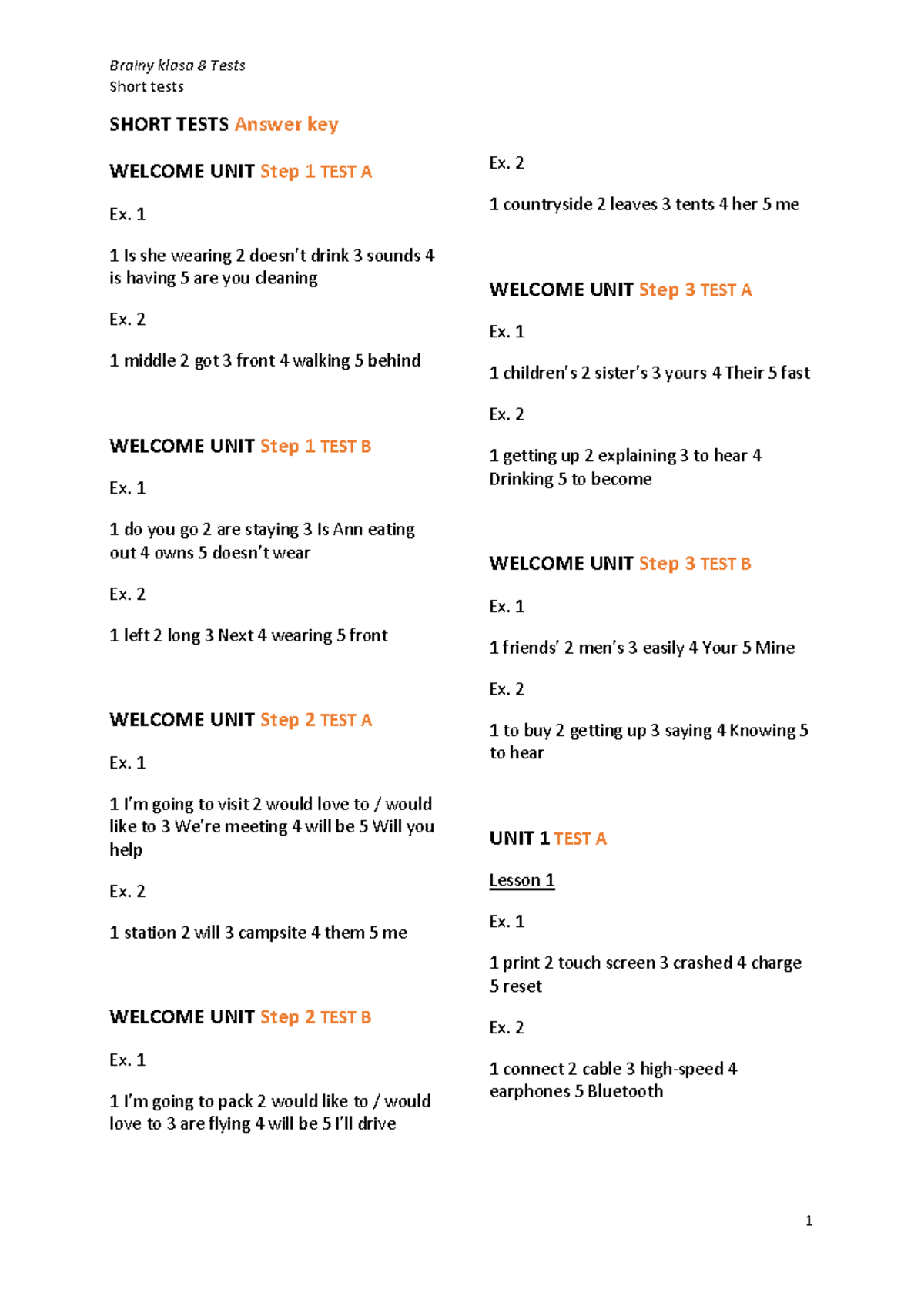 Brainy klasa 8 Short Tests Answer Key - Studocu