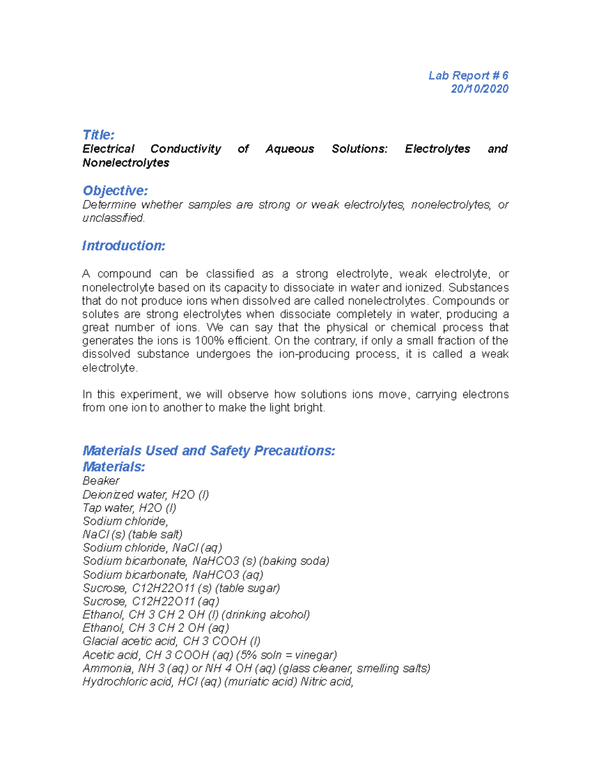 Lab report #6 electrical conductivity - Lab Report # 6 20/10/ Title ...