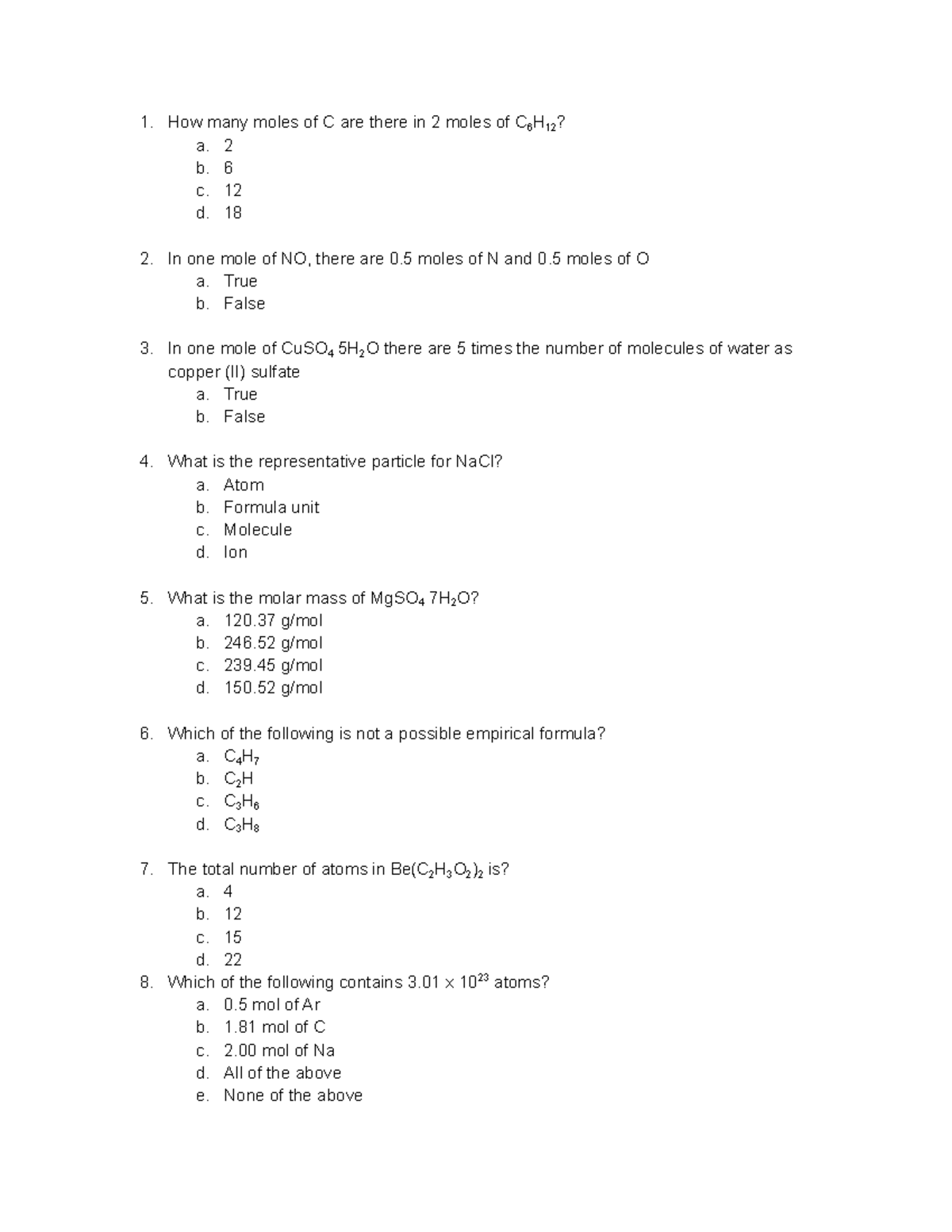 Chemistry Practice Test: Concepts & Molar Calculations - Studocu