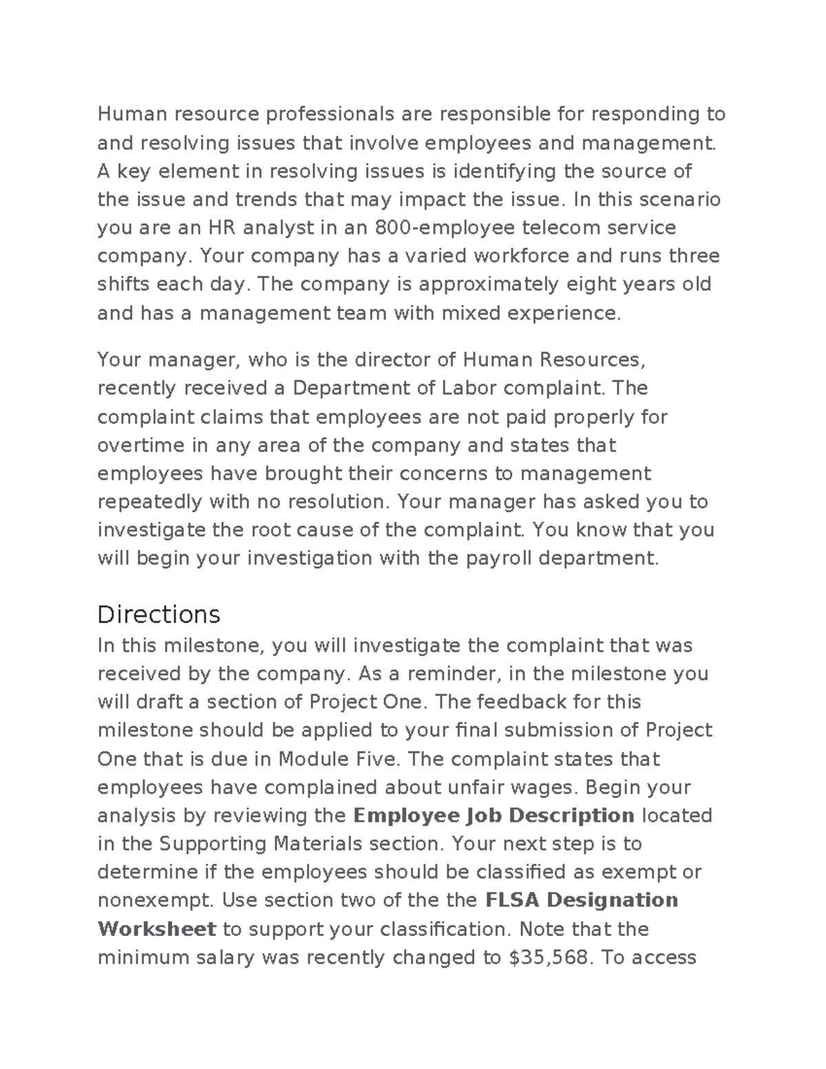 HRM225 Milestone 1: Investigating Payroll Complaint and Classification ...