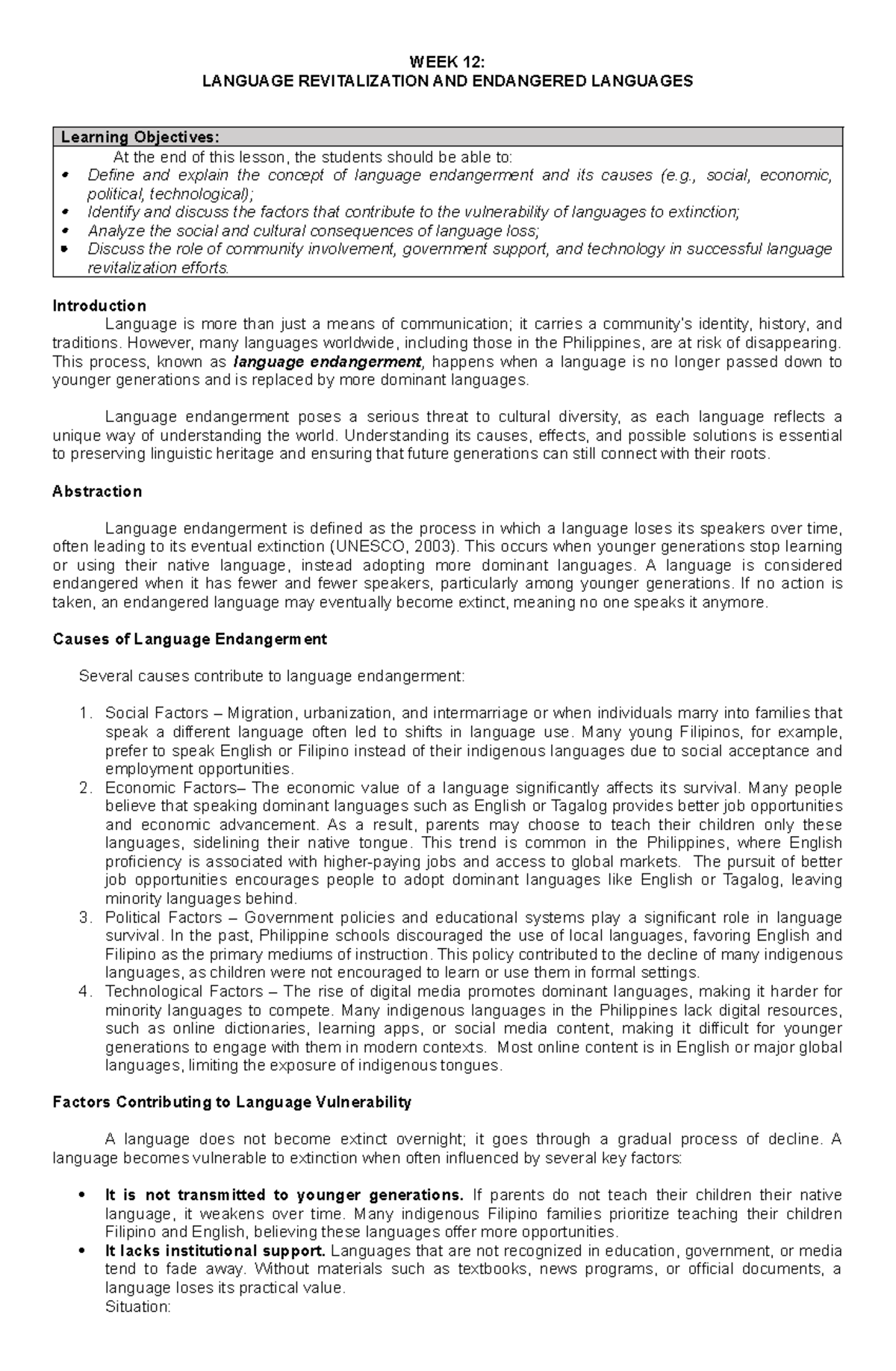 WEEK 12 Language Revitalization and Endangered Languages - WEEK 12: LANGUAGE REVITALIZATION AND ...