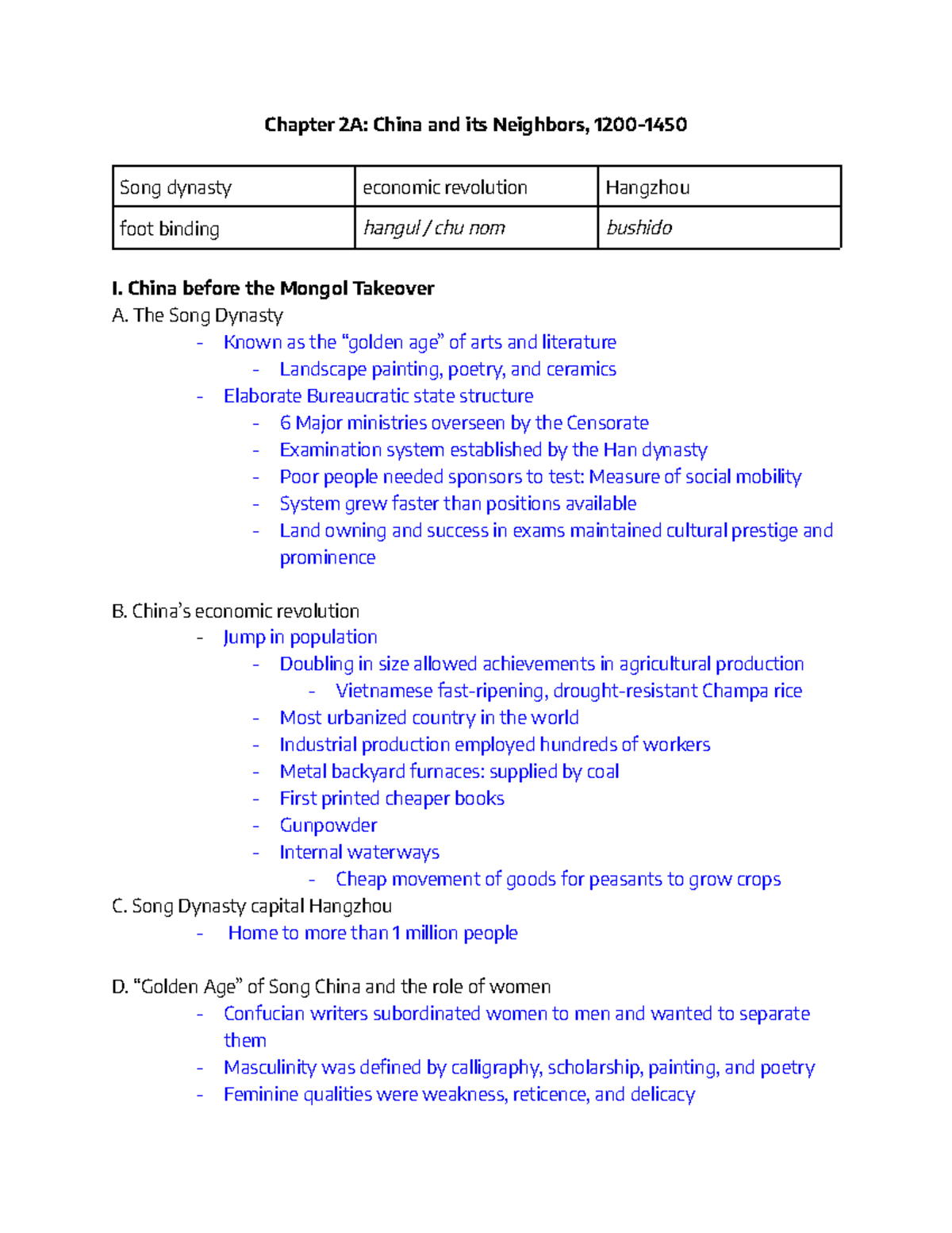 Chapter 2A Notes: China and its Neighbors (1200-1450) - Song Dynasty ...