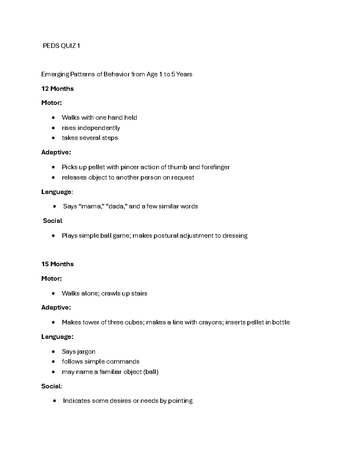 PEDS QUIZ 1: Developmental Milestones from Infancy to Age 5 Years - Studocu