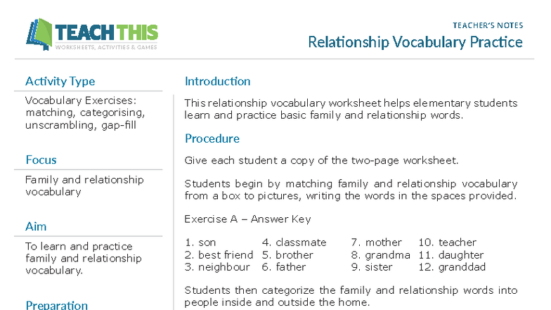 Relationship Vocabulary Practice Worksheets (Elementary Level) - Studocu