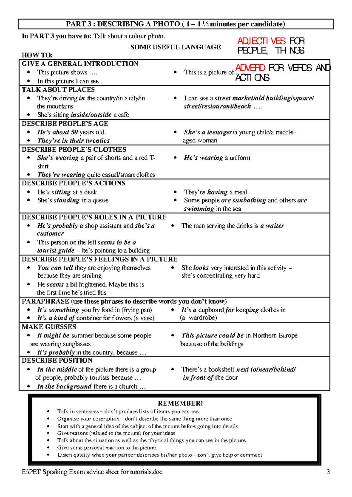 Useful language - E:\PET Speaking Exam advice sheet for tutorials 3 ...
