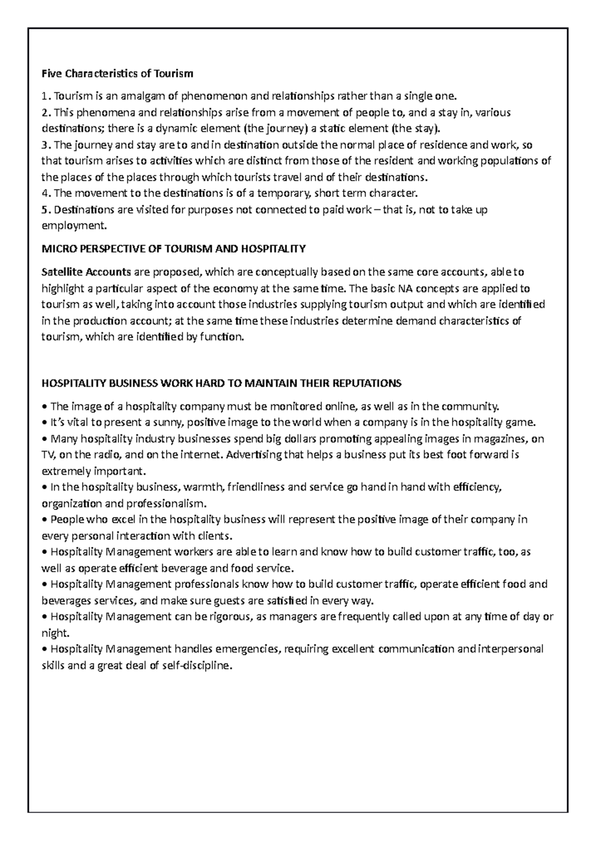 Five Essential Characteristics of Tourism: Insights and Analysis - Studocu