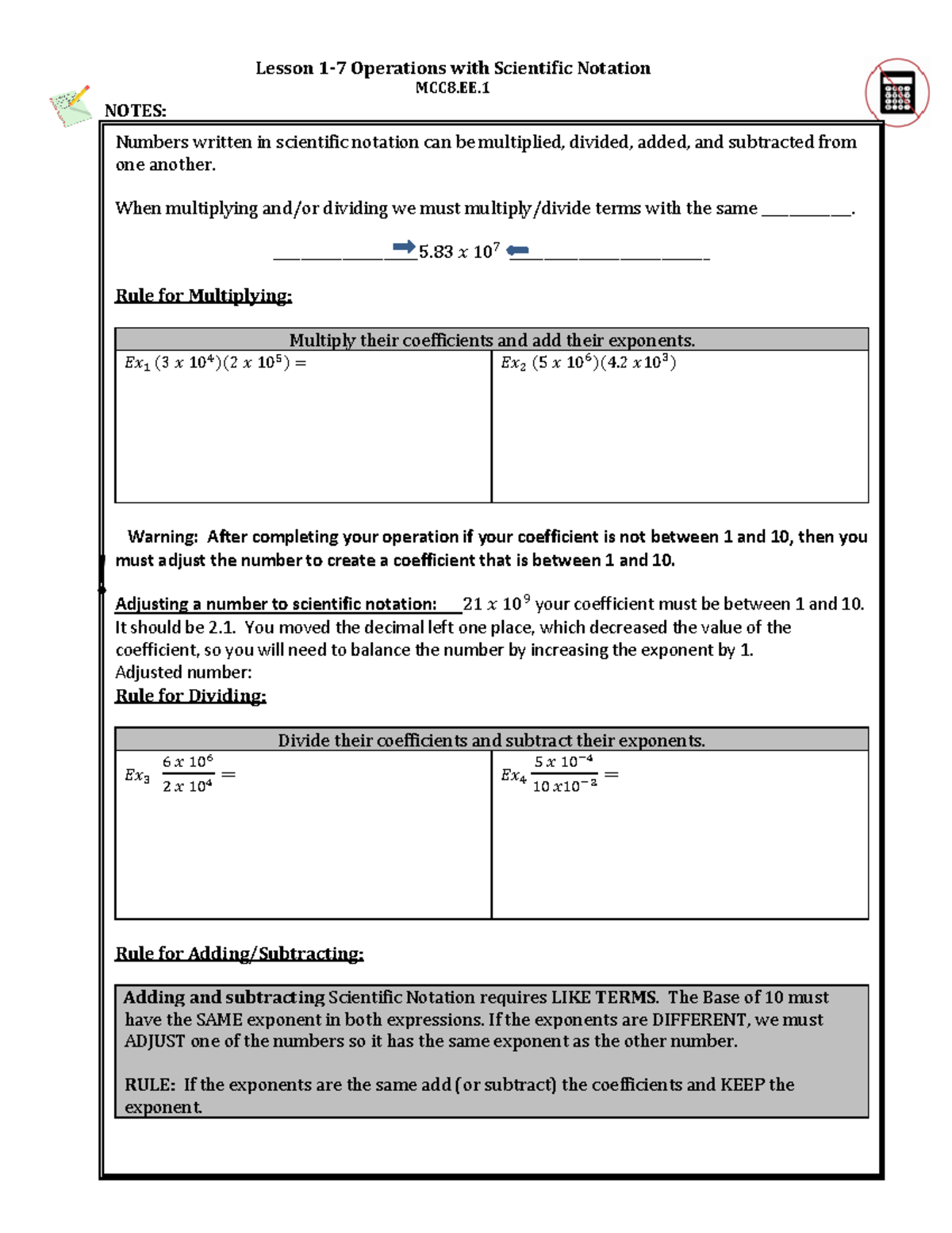 Lesson 1-7 Operations with Scientific Notation MCC8.EE.1 - Studocu