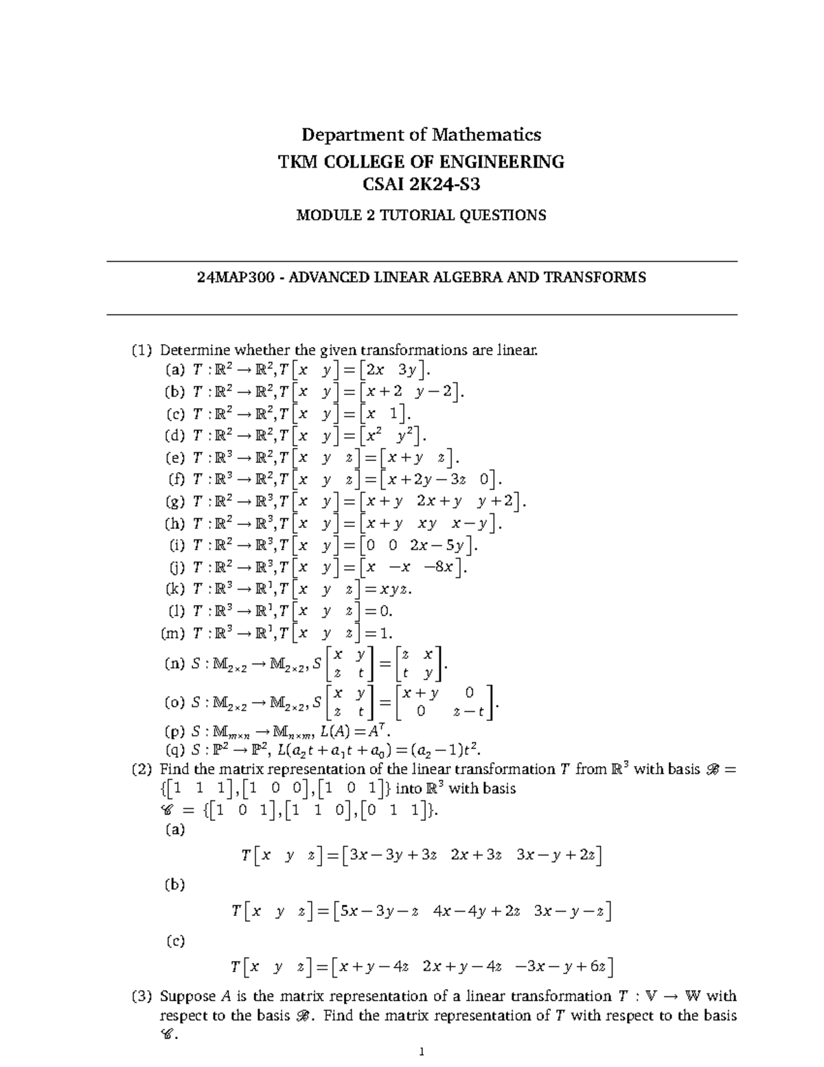 24MAP300 Advanced Linear Algebra Module 2 Tutorial Questions - Studocu