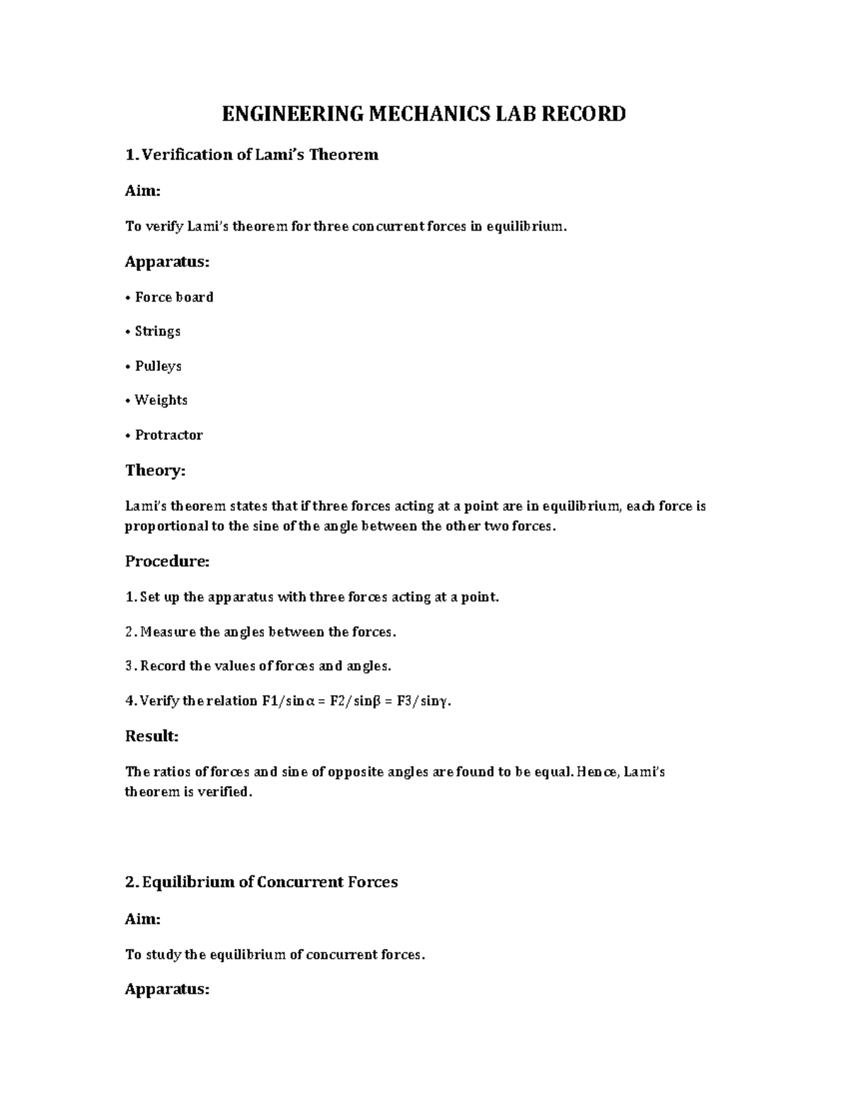 ENGR 101 - Mechanics Lab Record 1: Theorem Verification & Equilibrium ...