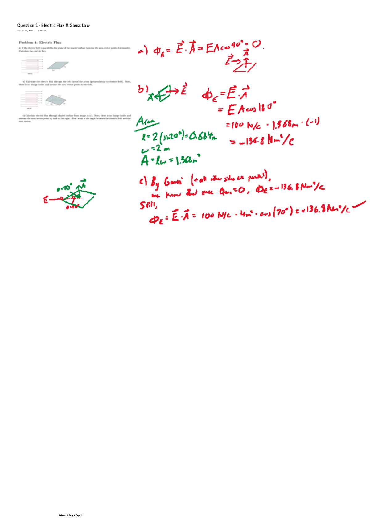 Phys142 Tutorial 2 Solutions - Phys 142 - Question 1 - Electric Flux & Gauss Law ####### January ...