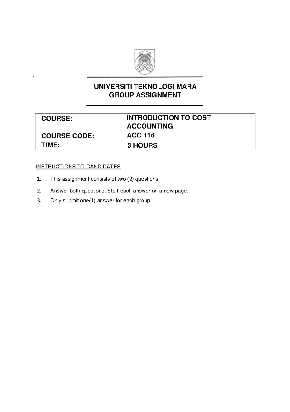 ACC116 Group Assignment on Cost Accounting Concepts and Applications ...