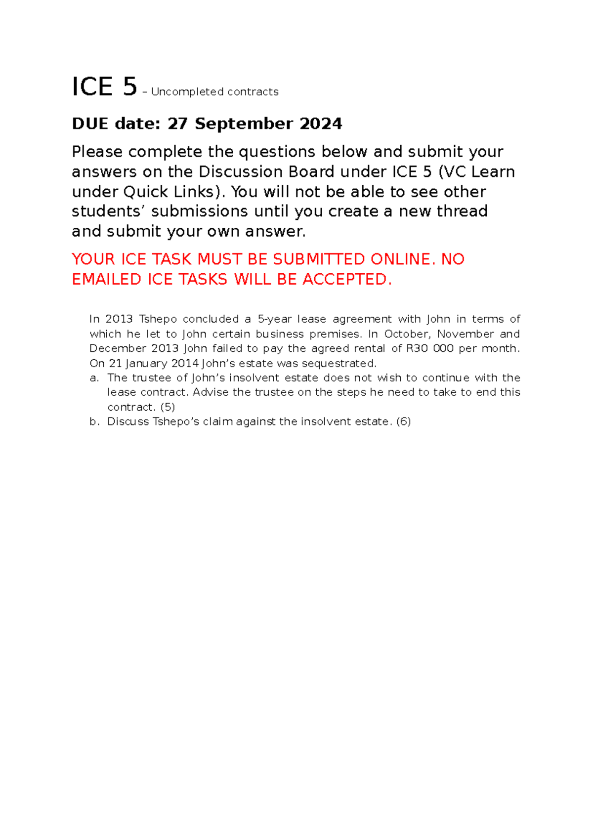 ICE 5: Uncompleted Contracts Assignment Guidelines & Questions - Studocu