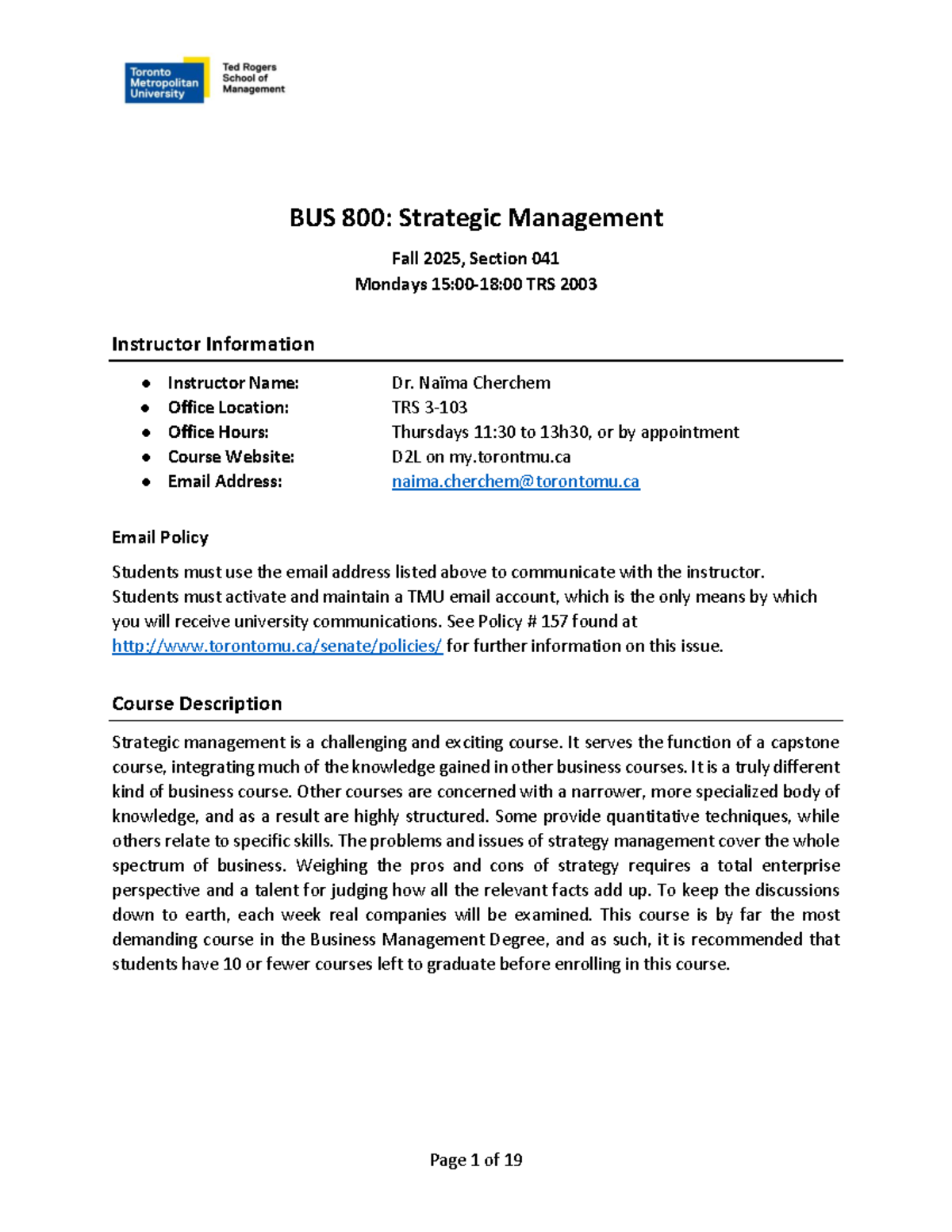 BUS 800: Strategic Management Course Outline - Fall 2025, Section 041 ...