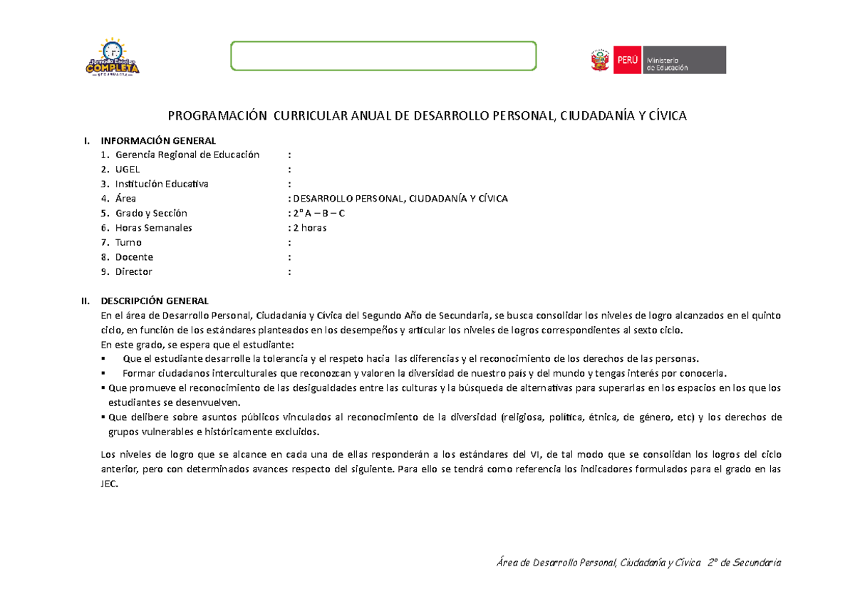 2do Programacion Anual D.P.C.C. - PROGRAMACIÓN CURRICULAR ANUAL DE DESARROLLO PERSONAL ...