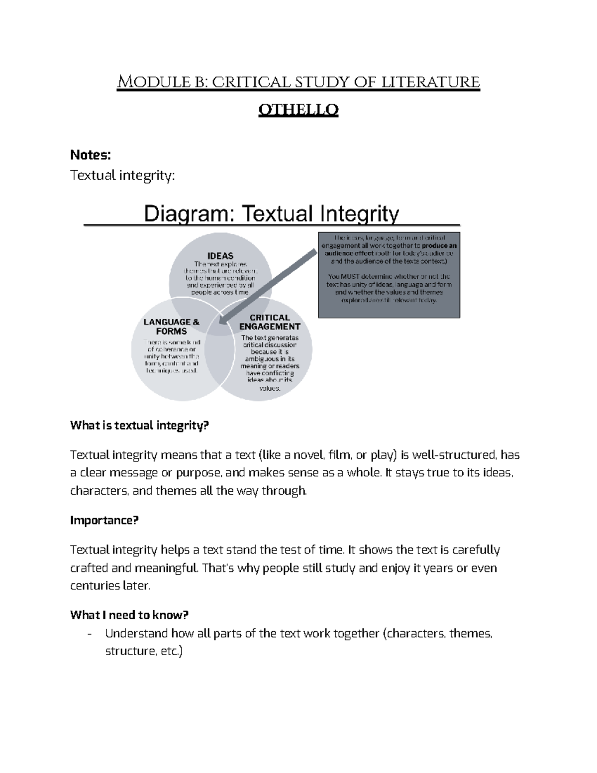 English - Module B: Critical Study of Othello Class Notes - Studocu