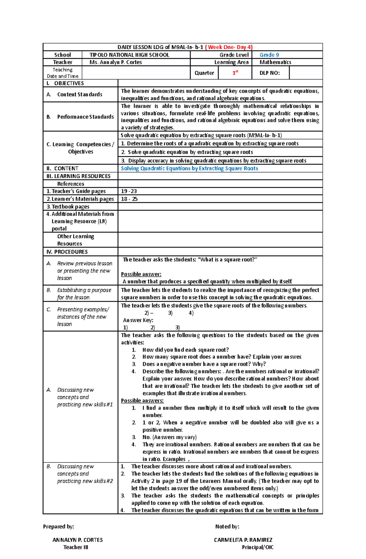 I-Day 2 g9 - Lesson Plan - DAILY LESSON LOG of M9AL-Ia- b-1 ( Week One ...