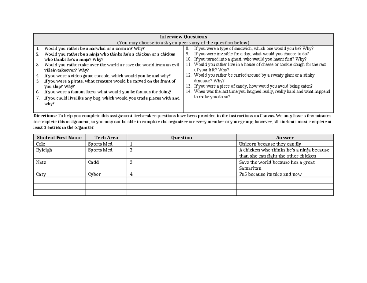 English 10 First Day Icebreaker Graphic Organizer - Interview Questions ...
