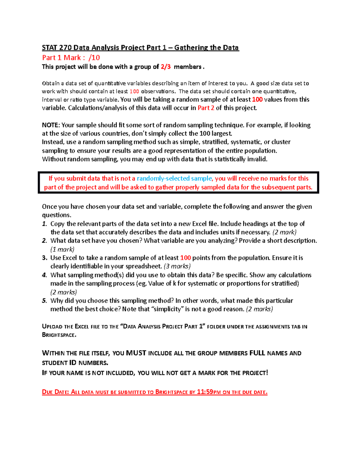 STAT 270 Excel Project Part 1 - STAT 270 Data Analysis Project Part 1 – Gathering the Data Part ...