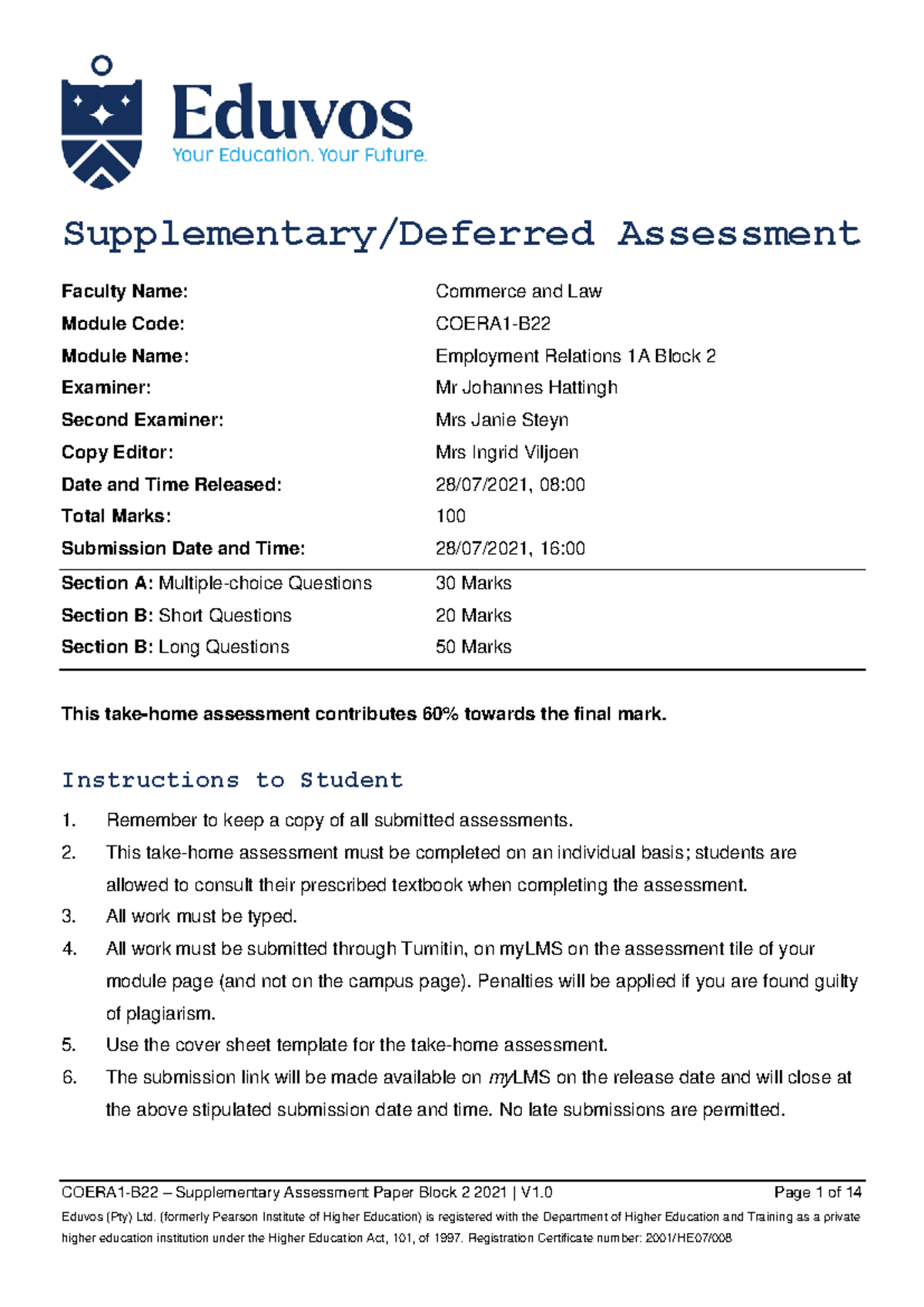 COERA1-B - Past Papers: Employment Relations Supplementary Assessment ...