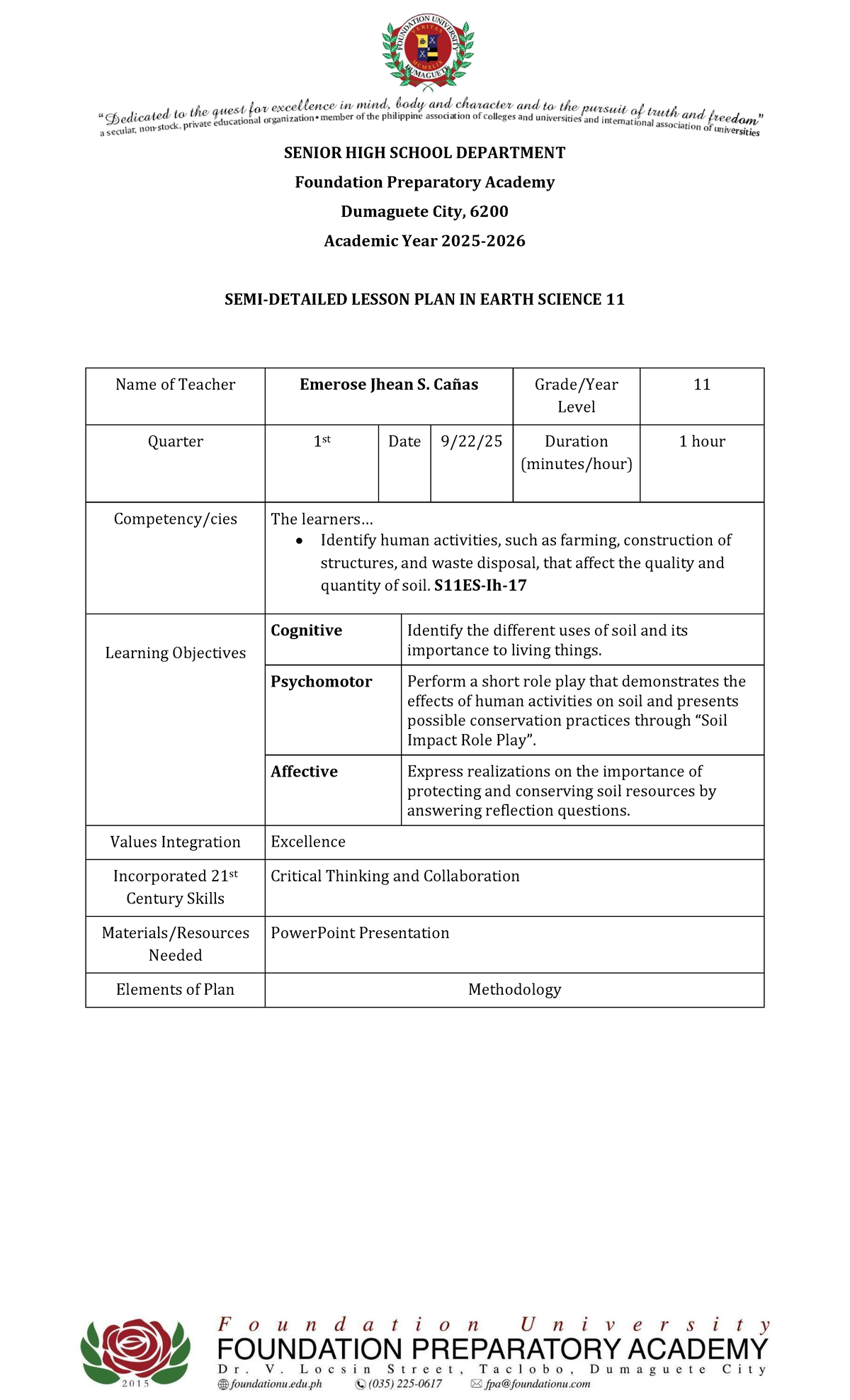 G11 ES Lesson Plan: Human Impact on Soil Conservation - Studocu