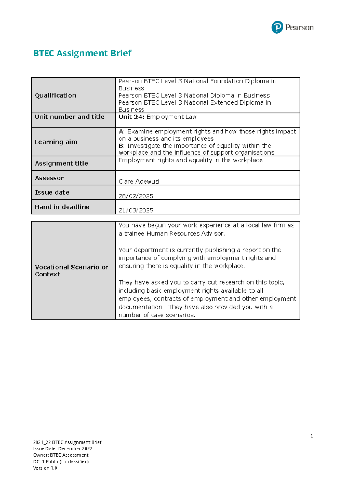 BTEC Level 3 Unit 24: Employment Law Assignment Brief and Guidance ...