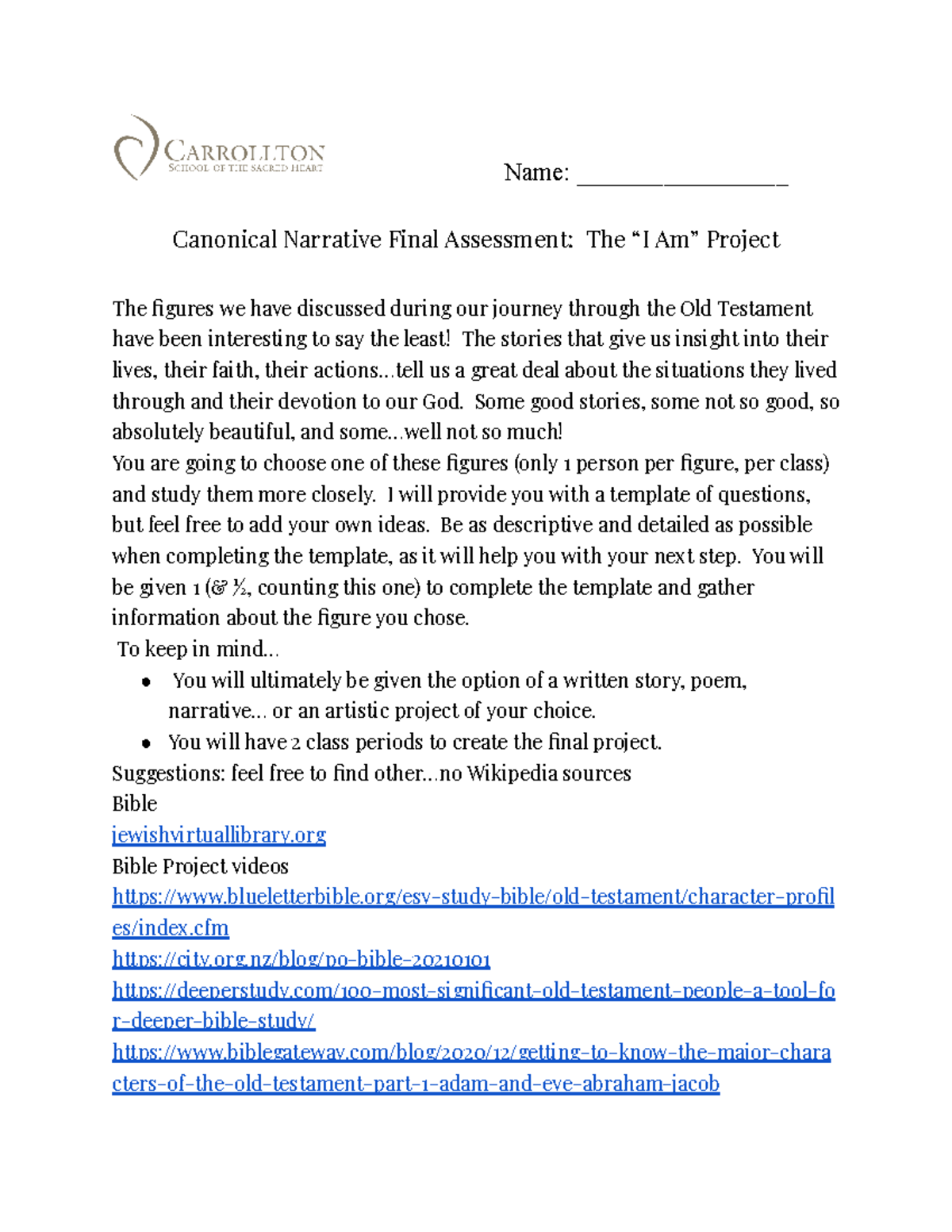 Canonical Narrative Final Assessment The “I Am” Project - Google Docs ...