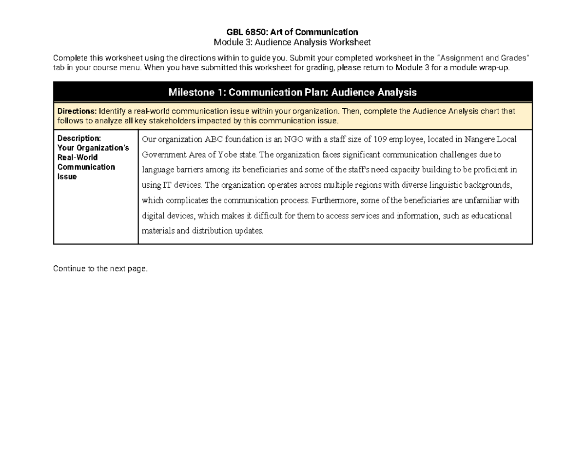 GBL 6850 Module 3 Audience Analysis Worksheet Summary - Studocu