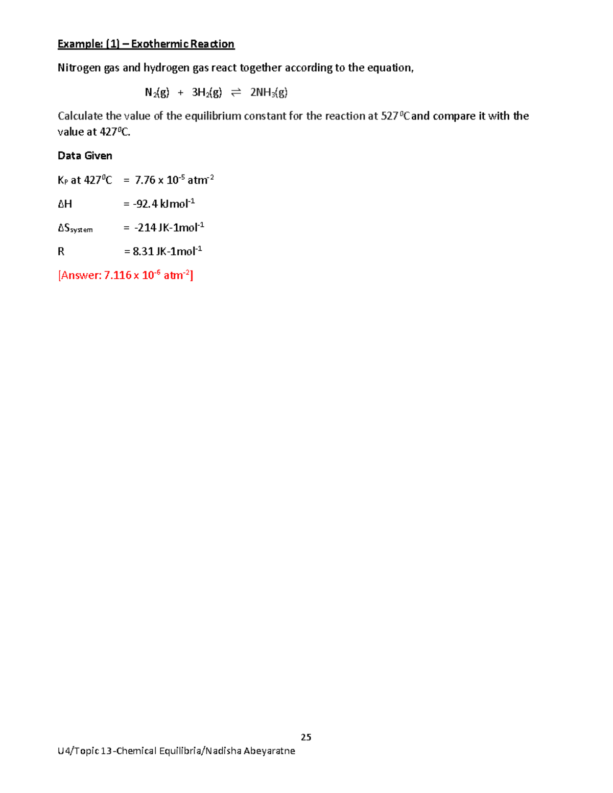 Topic 13 - Chemical Equilibria p 25-31 - 25 Example: (1) – Exothermic ...