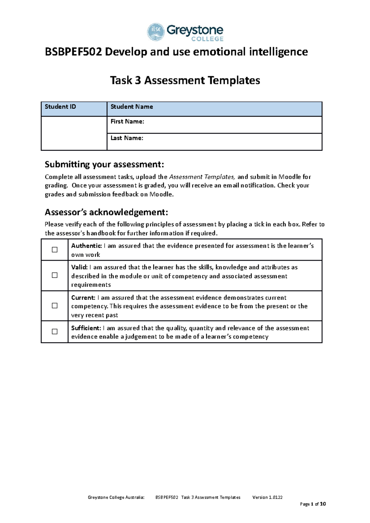 BSBPEF502 Task 3 Emotional Intelligence Assessment Templates V1 - Studocu