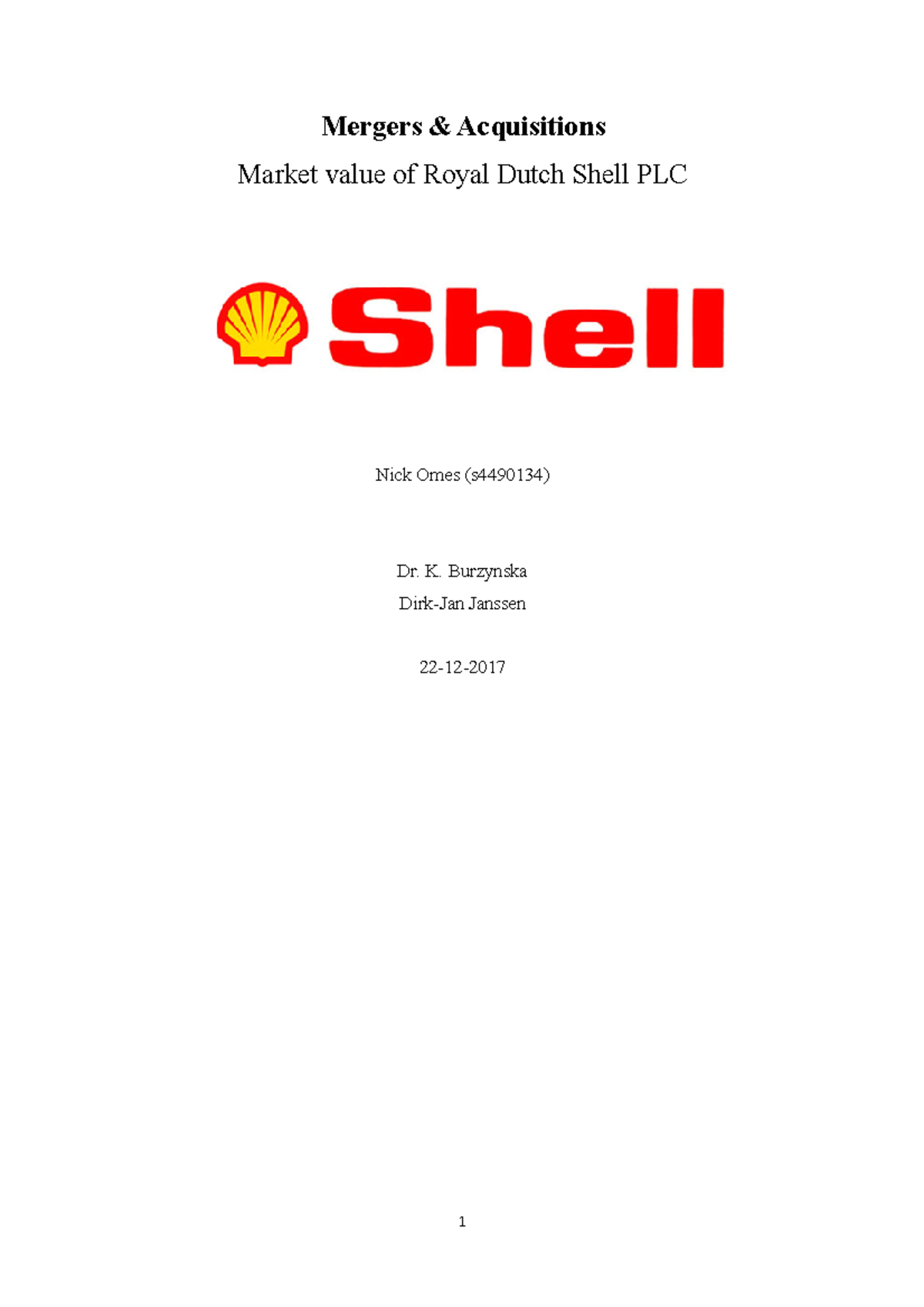 Mergers & Acquisitions Case Study: Valuation of Royal Dutch Shell PLC ...