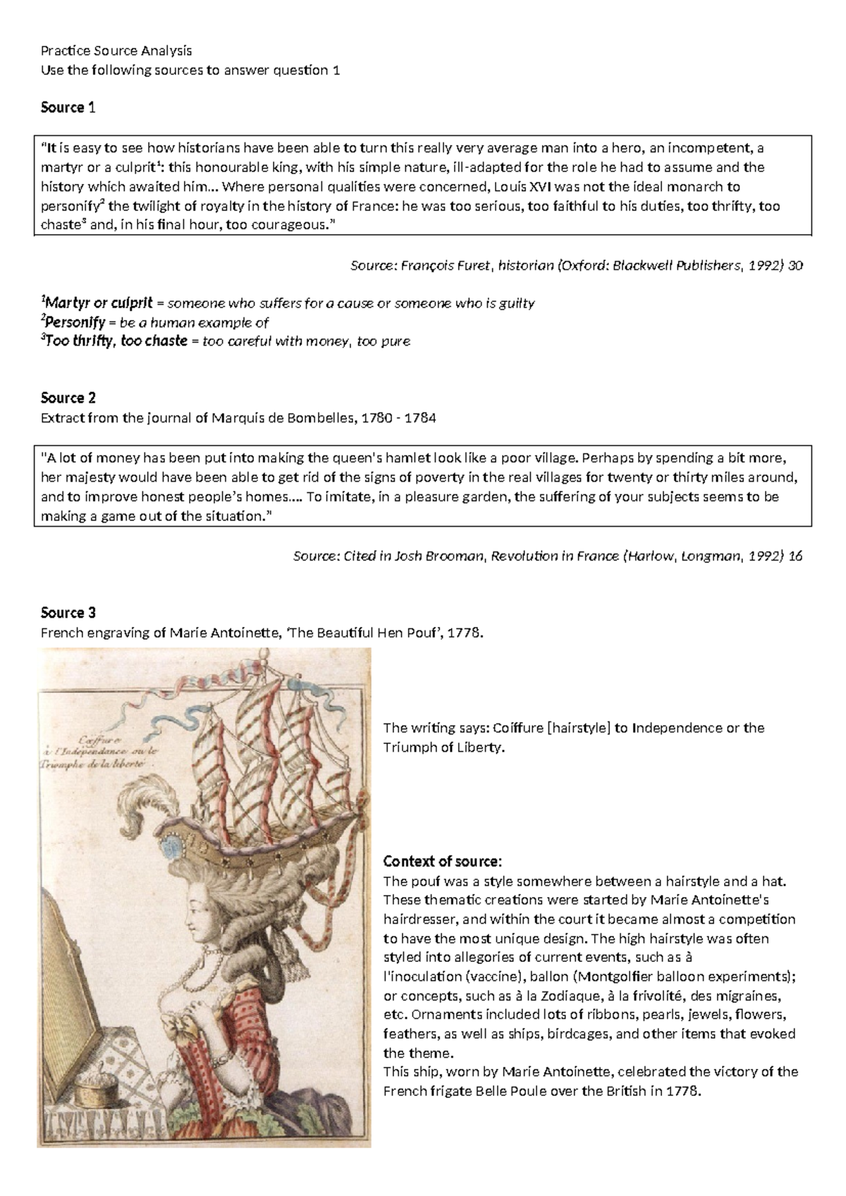 Practice Source Analysis: Louis XVI & Marie Antoinette's Roles in ...