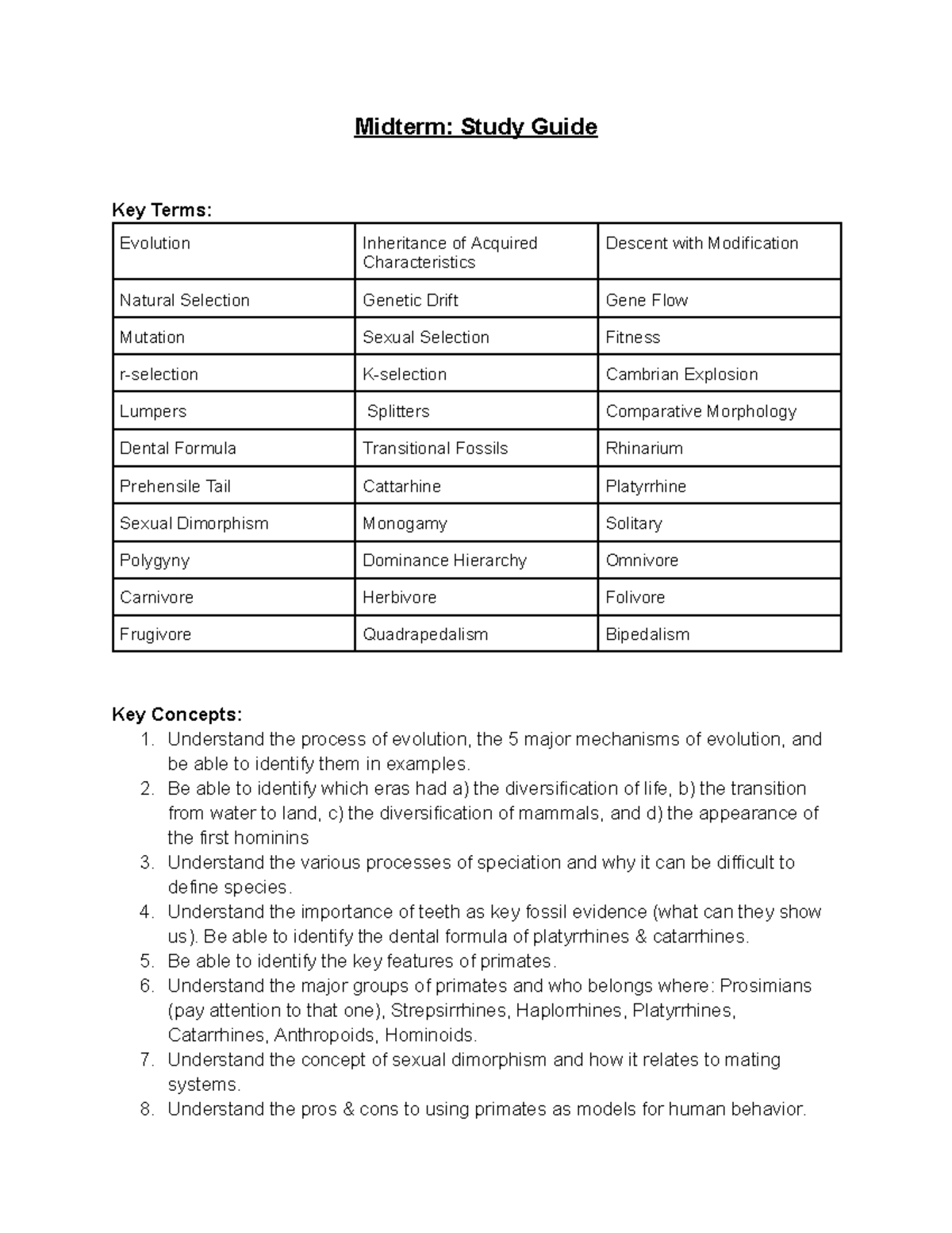 Midterm Study Guide: Key Terms in Evolutionary Biology - Studocu