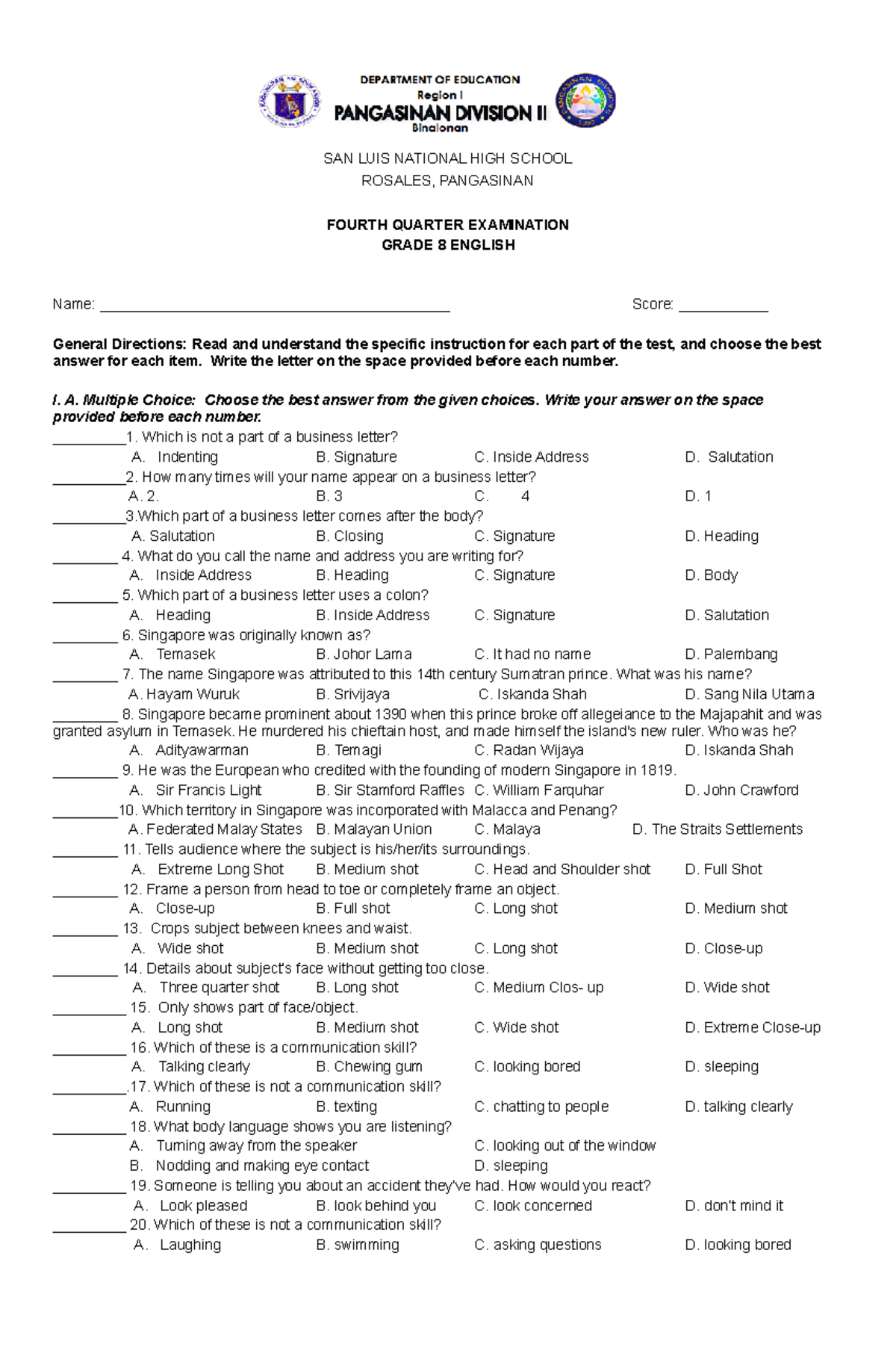 Grade 8 English Topic 4th Quarter Test - Infoupdate.org