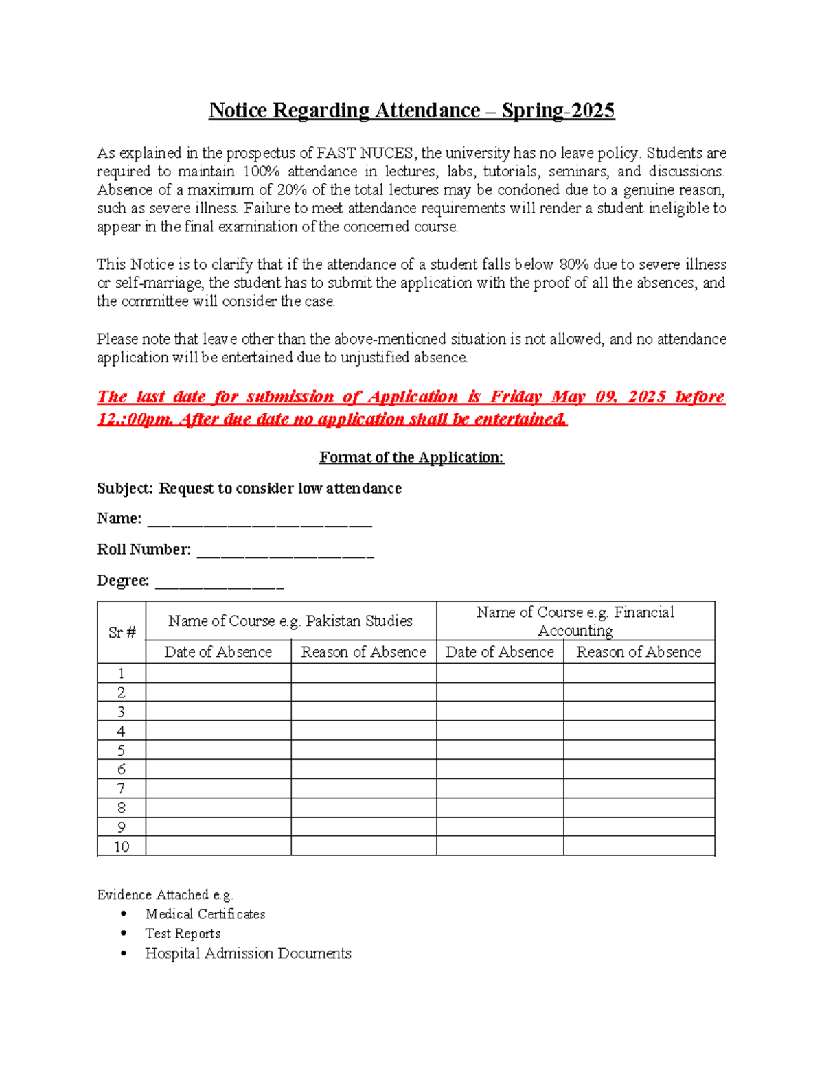 Notice on Attendance Policy & Application Format for FAST NUCES - Studocu