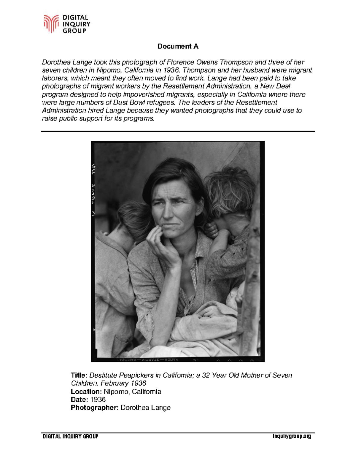 Migrant Mother: Dorothea Lange's Iconic 1936 Photograph Analysis - Studocu