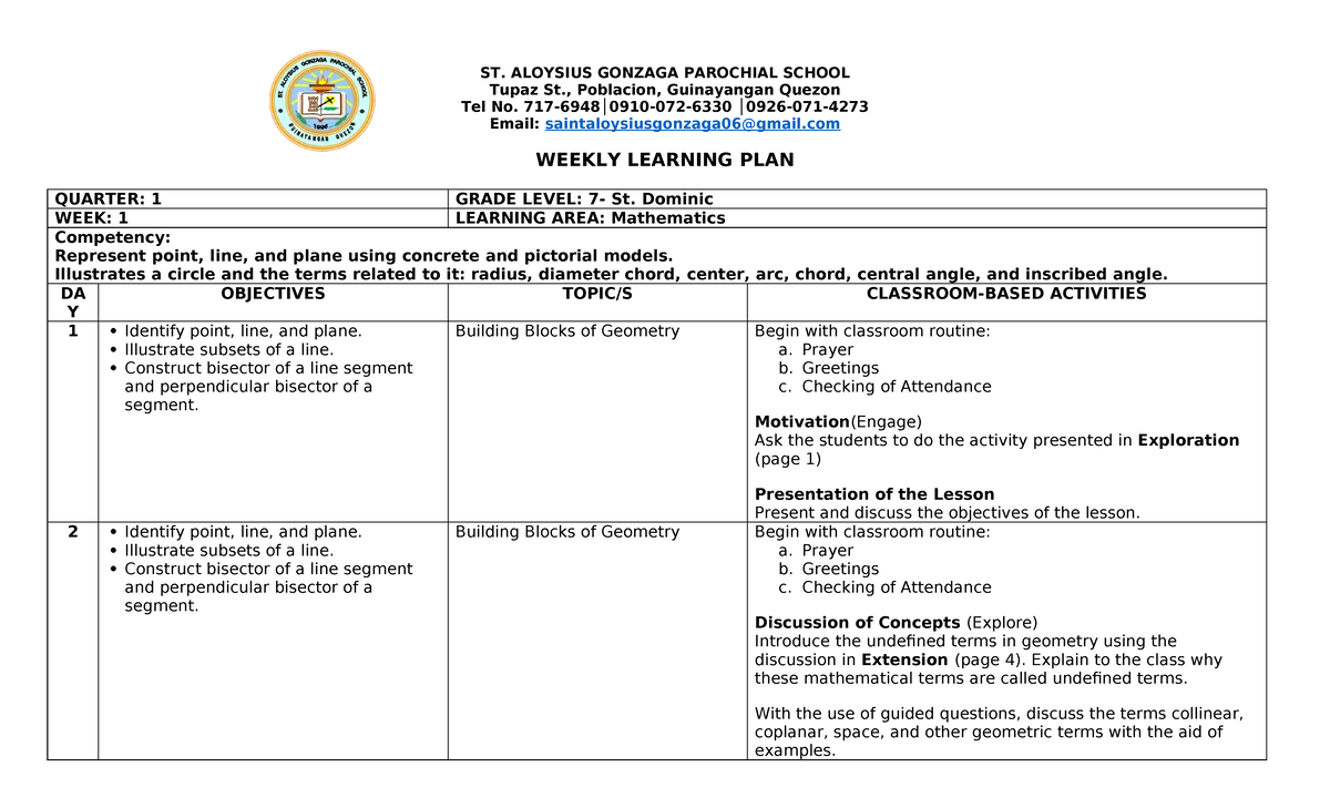 Grade 7 Q1W1 Weekly Learning Plan - Math: Building Blocks of Geometry ...