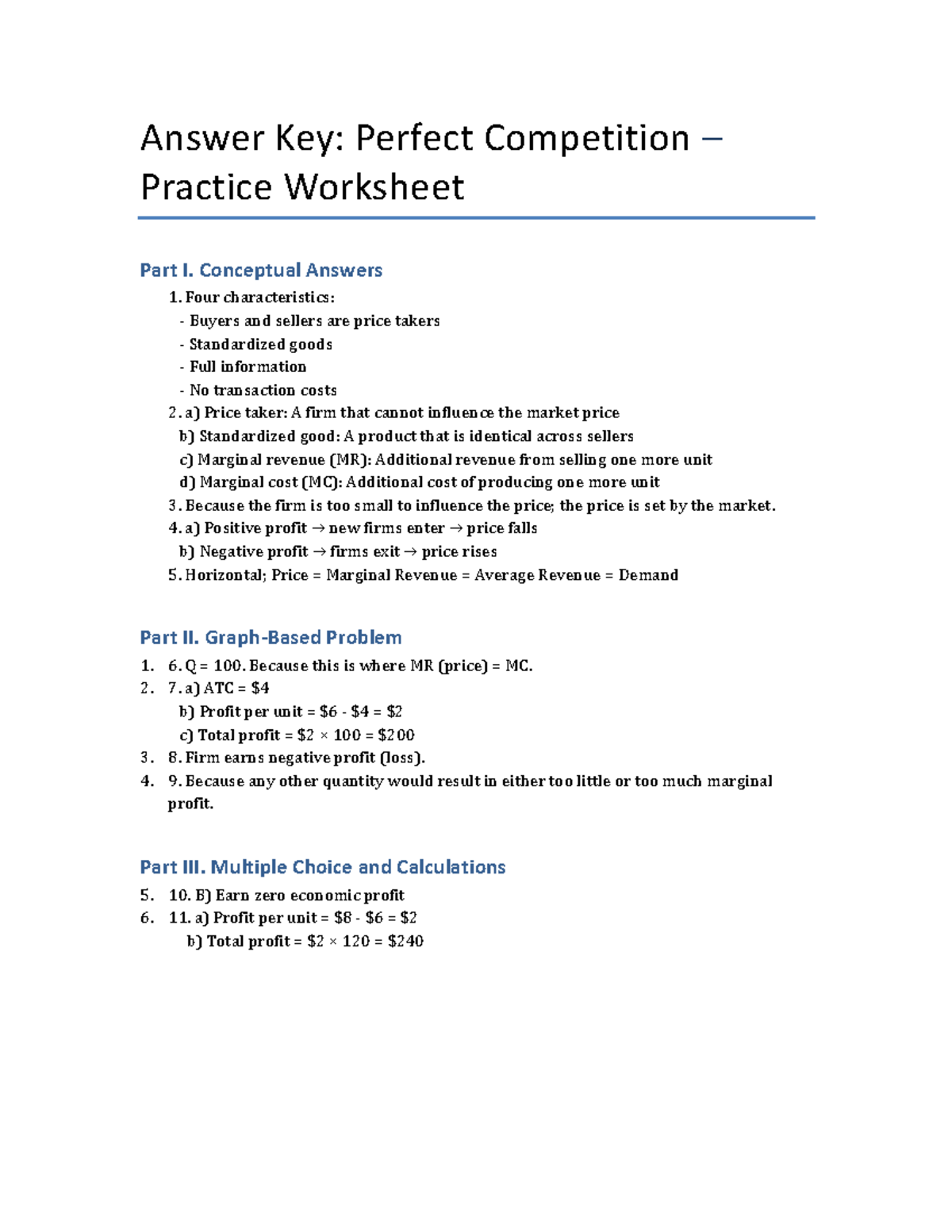 Perfect Competition: Practice Worksheet Answer Key (Part I & II) - Studocu