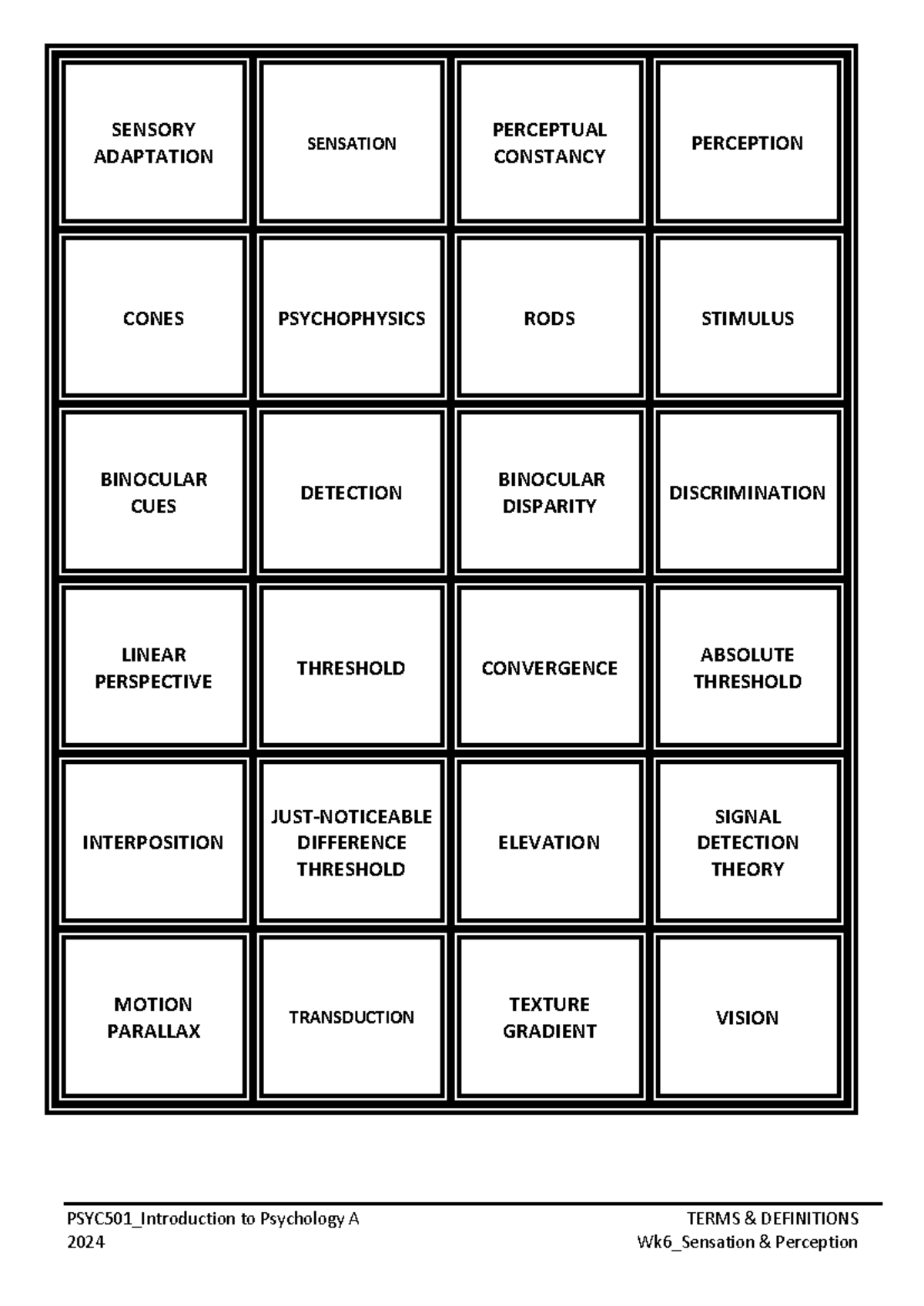 PSYC501_2024 Terms & Definitions: Sensation & Perception Wk6 - Studocu