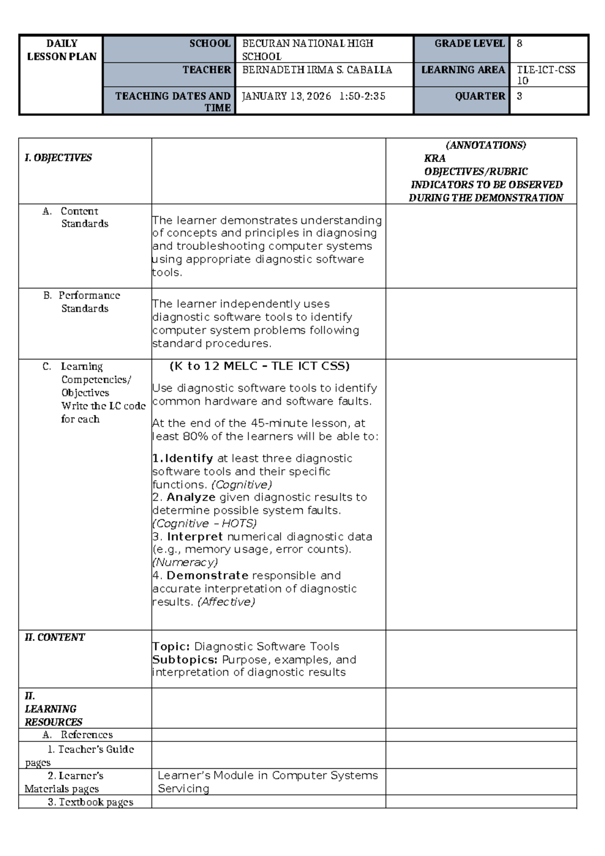 CO DLL ICT CSS 10 Final Lesson Plan on Diagnostic Software Tools - Studocu