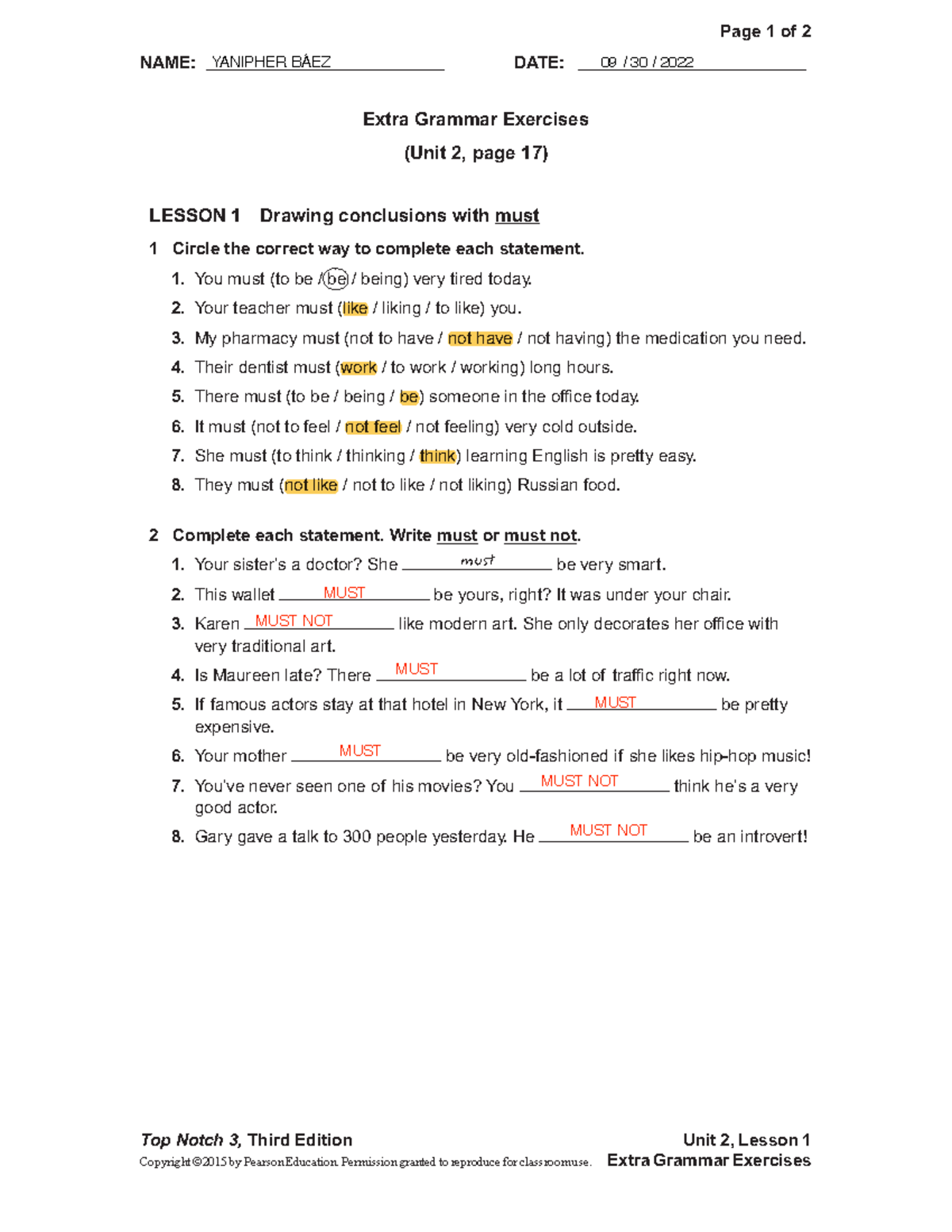 UNIT 02 Extra Gram Exercises - NAME: _________________________ DATE ...