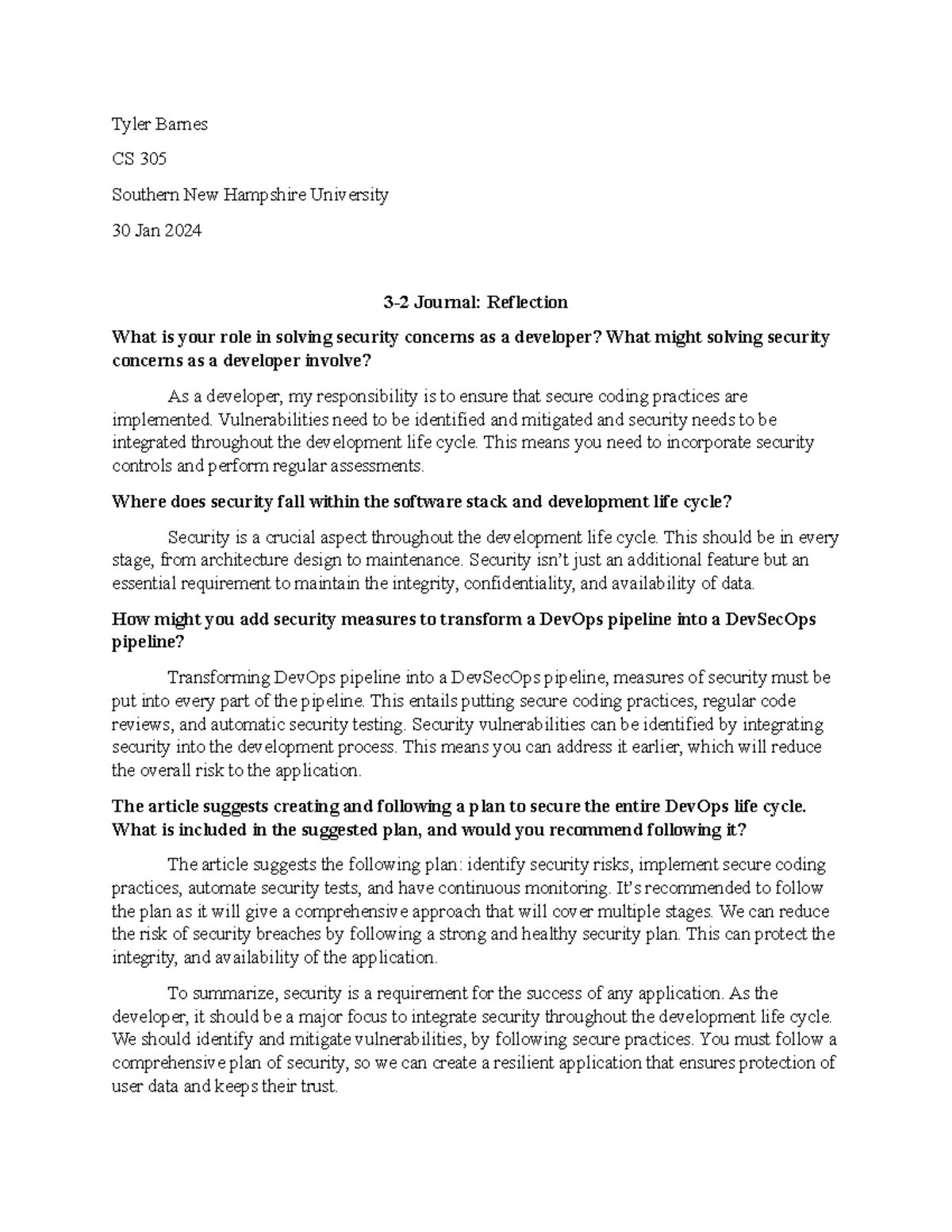 CS 305 Journal Reflection Mod3 - Tyler Barnes CS 305 Southern New ...