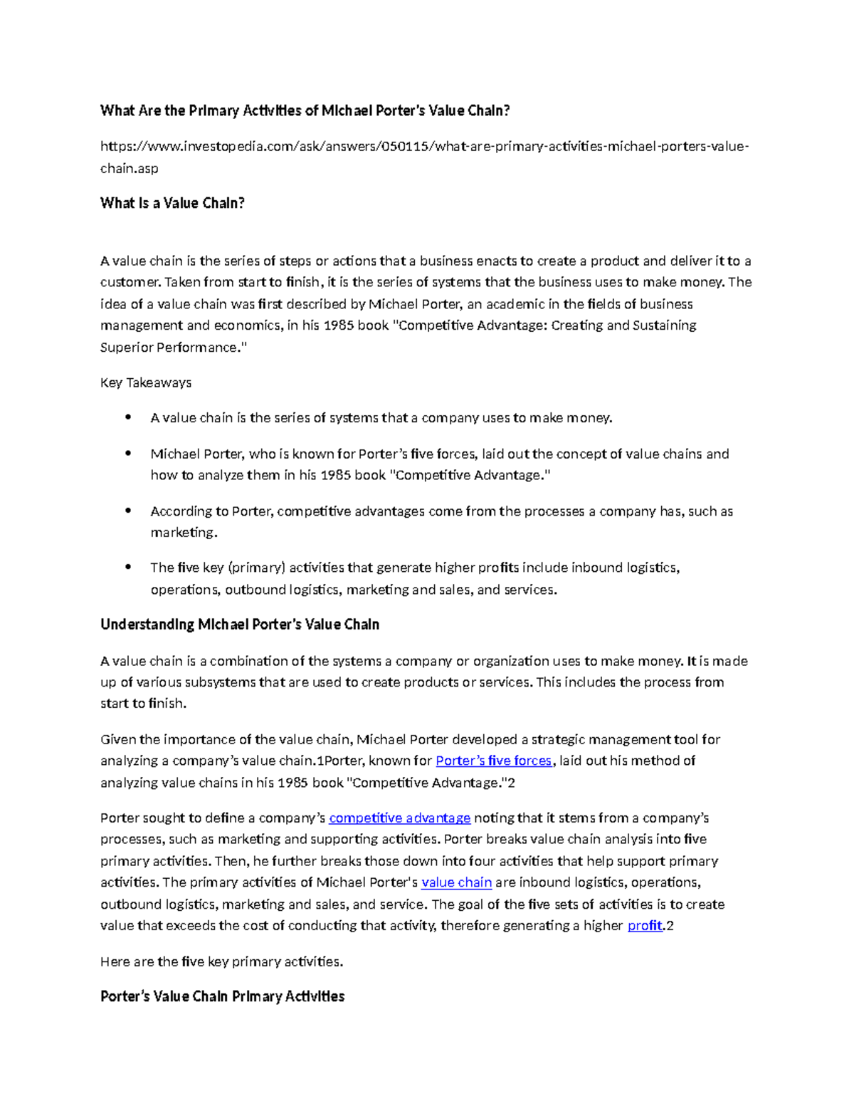 Value Chain Analysis: Key Activities by Michael Porter (3) - Studeersnel